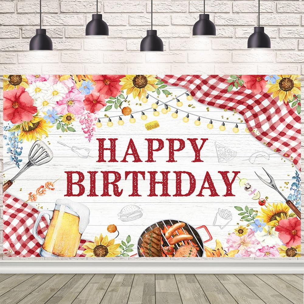 Cute BBQ Themed Happy Birthday Backdrop, Barbecue Birthday Banner Red ...