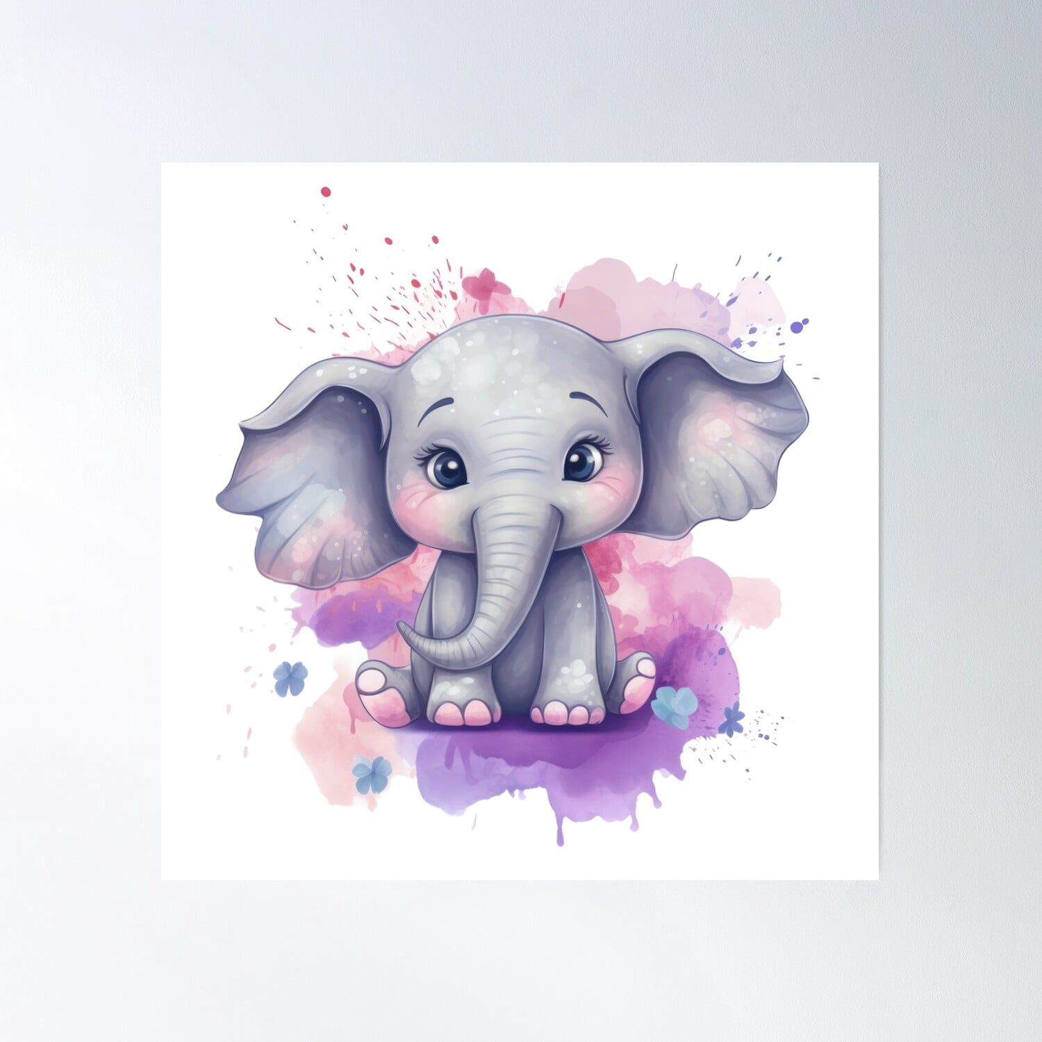 Cute Baby Elephant Watercolor Poster Wall Art, Modern Wall Decor, 24x24 ...