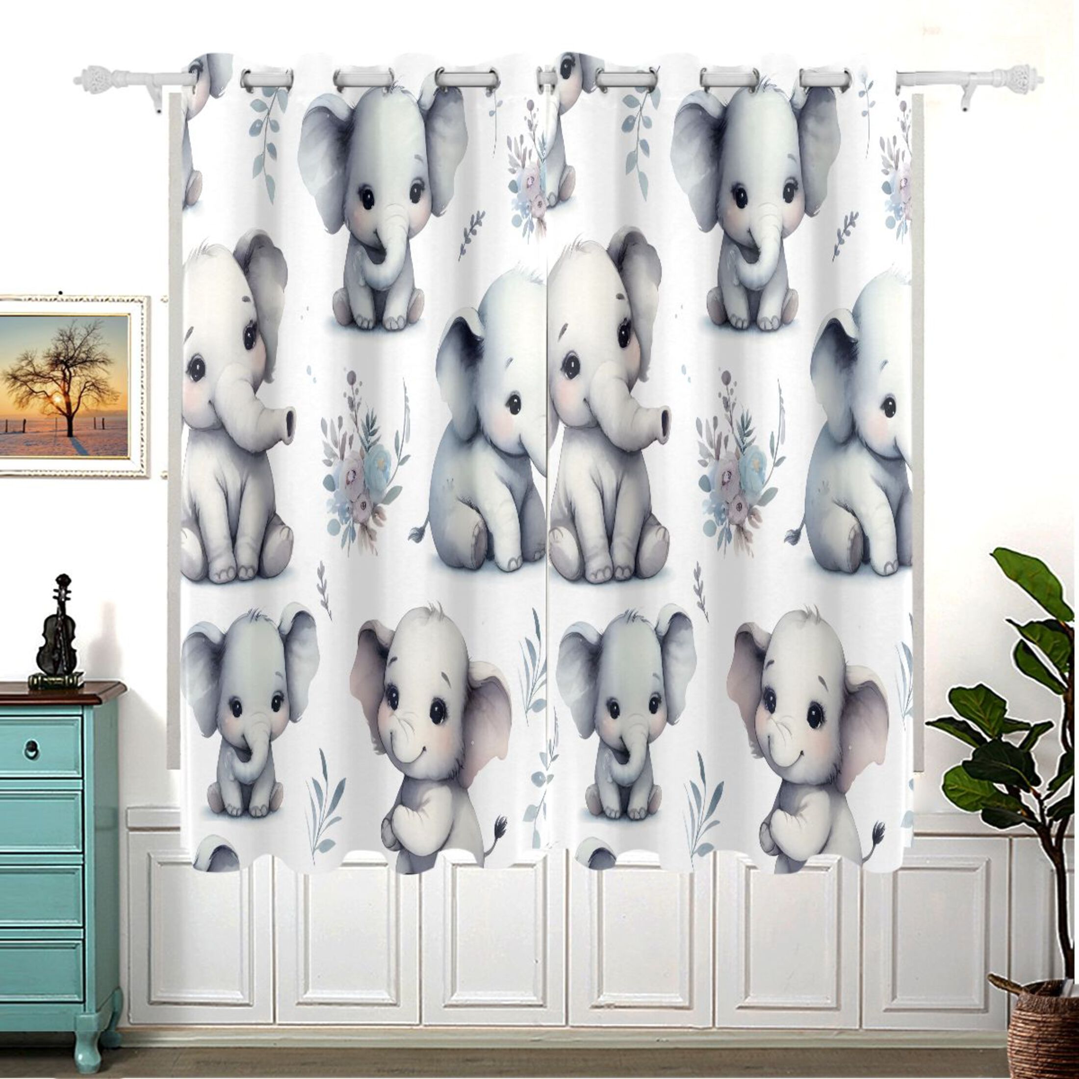 Cute Baby Elephant and Plant Blackout Curtains for Bedroom 63x55 in 2 ...