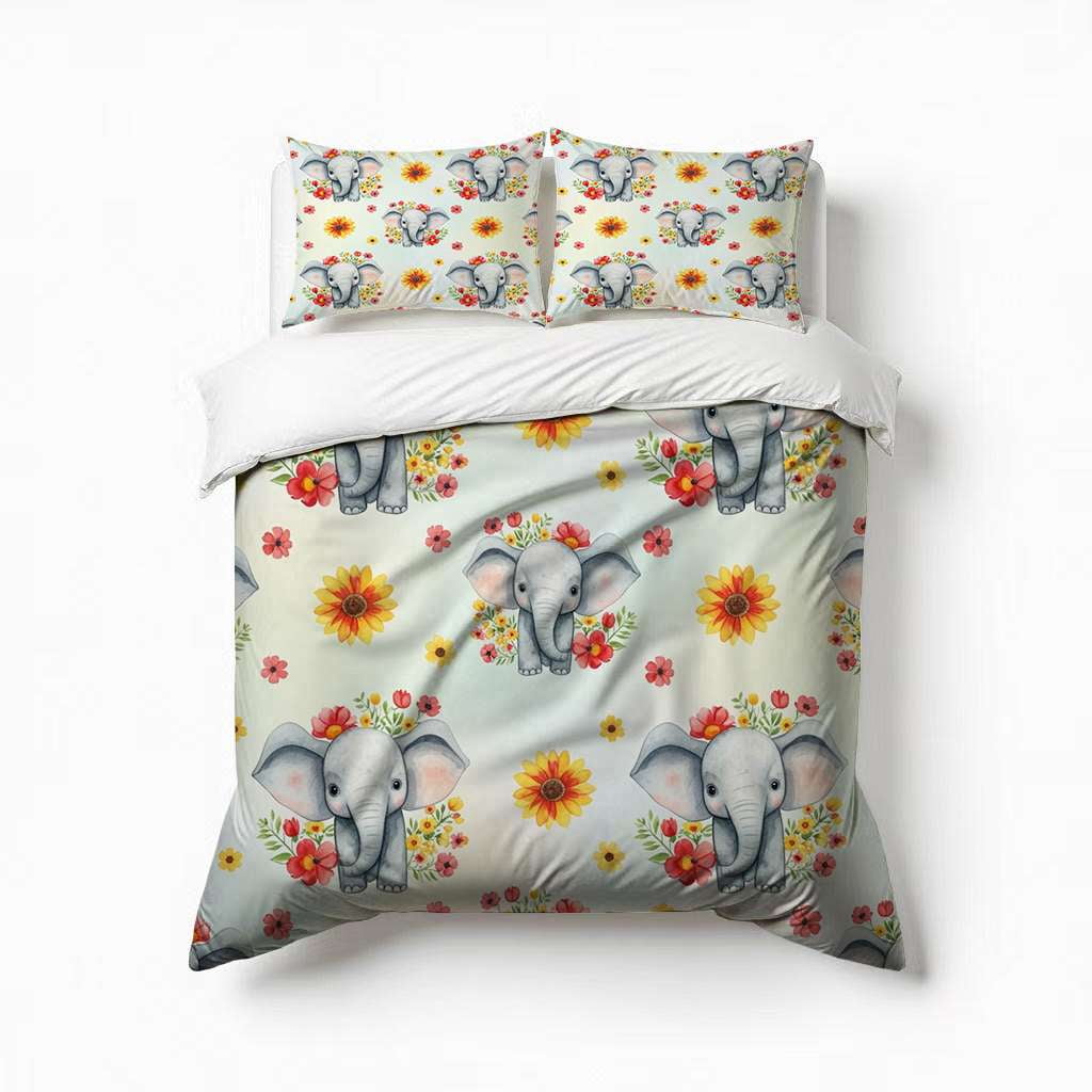 Cute Baby Elephants Floral Pattern Bedding Set 3 Pcs Soft Microfiber ...