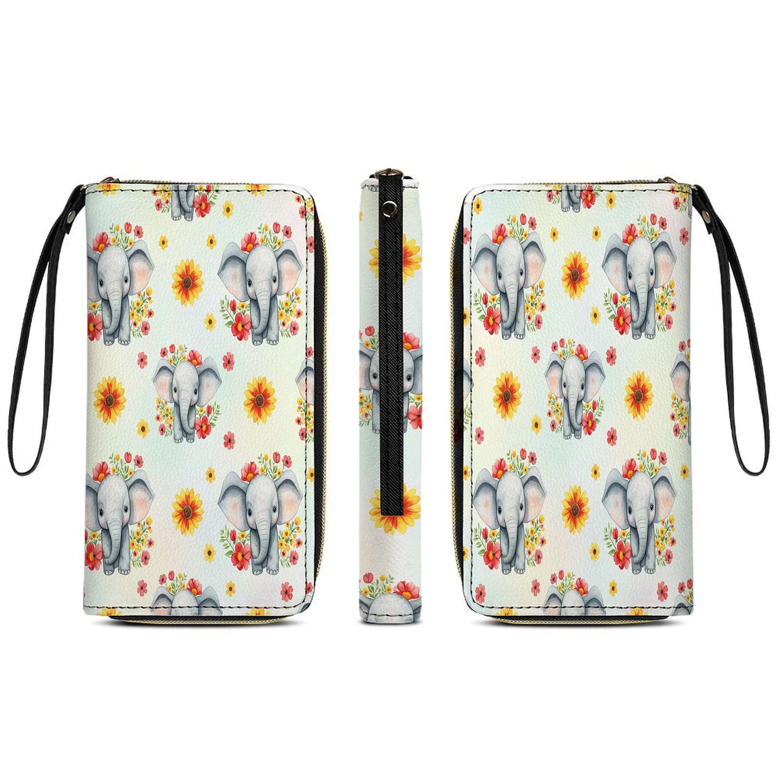 Cute Baby Elephants Floral Pattern Long Wallets For Women PU Leather ...
