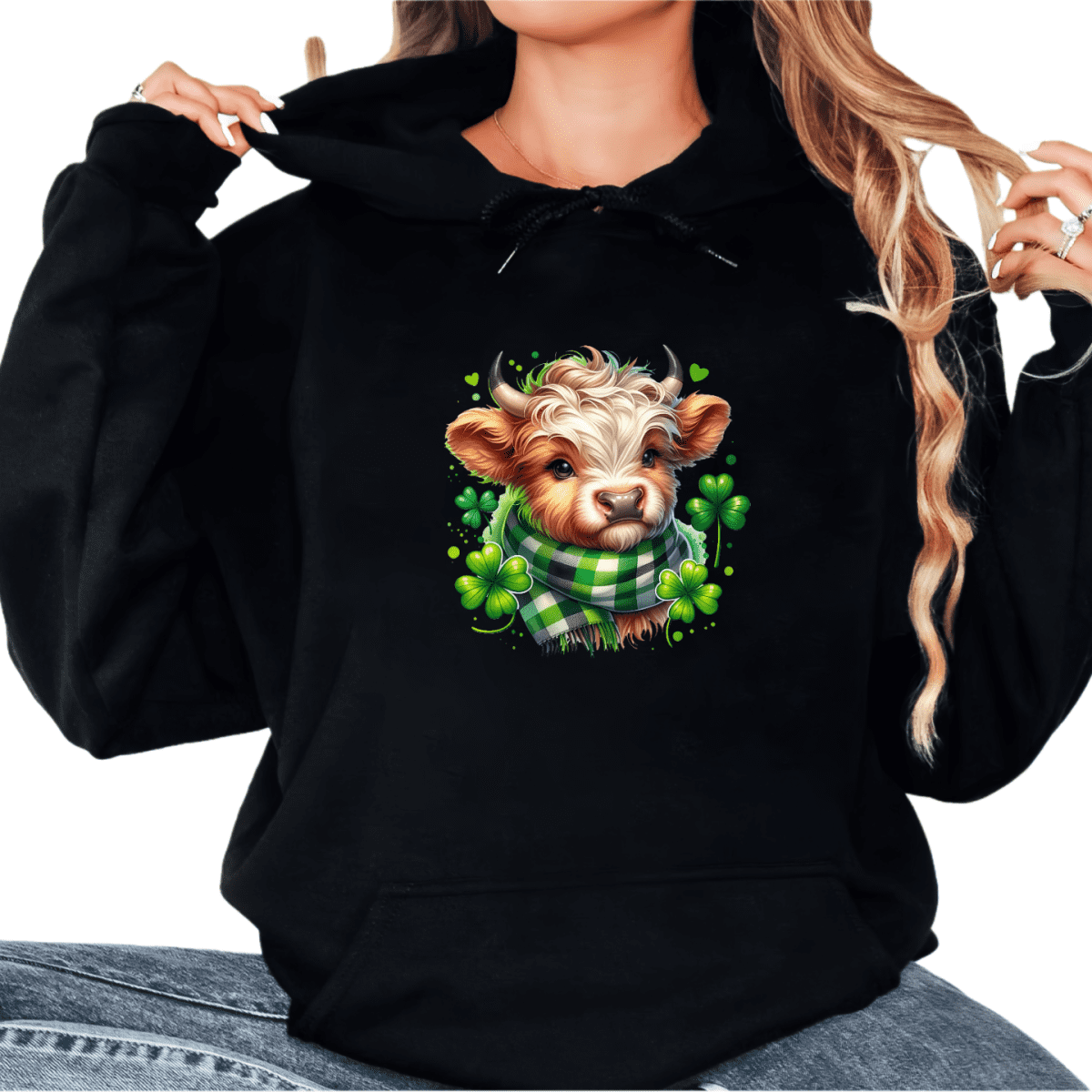 Cute Baby Highland Cow Lover Plaid Scarf Shamrock Print hoodie Graphic ...