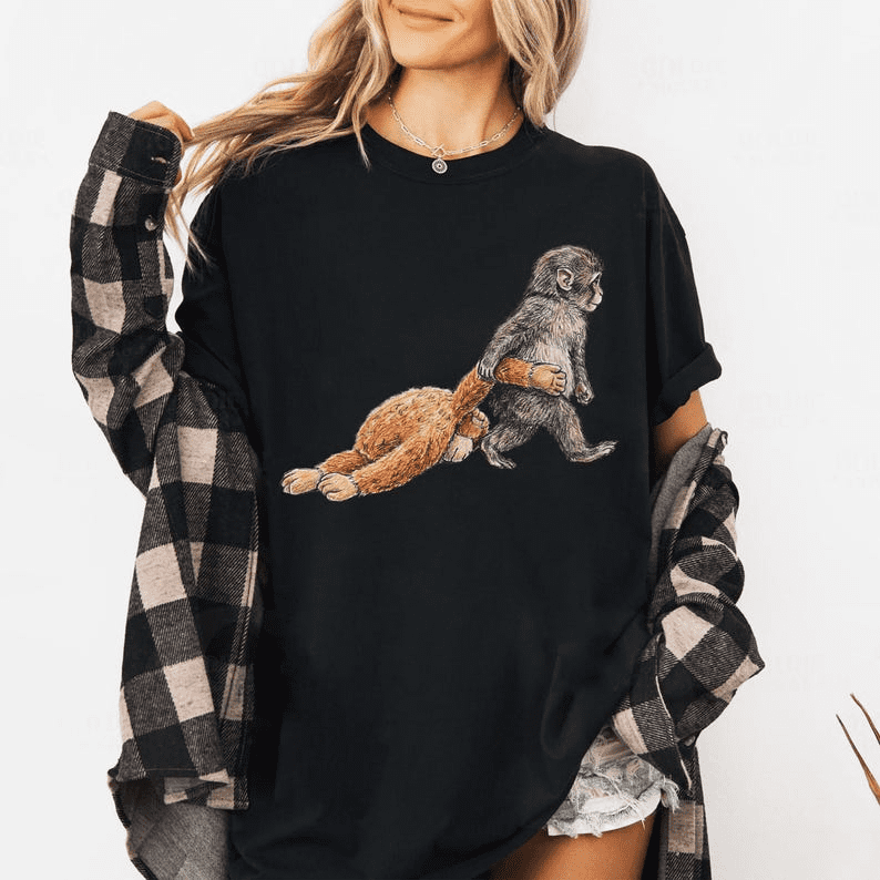 Cute Baby Monkey Holding Plush Toy T-Shirt, Animal Graphic Casual Tee ...