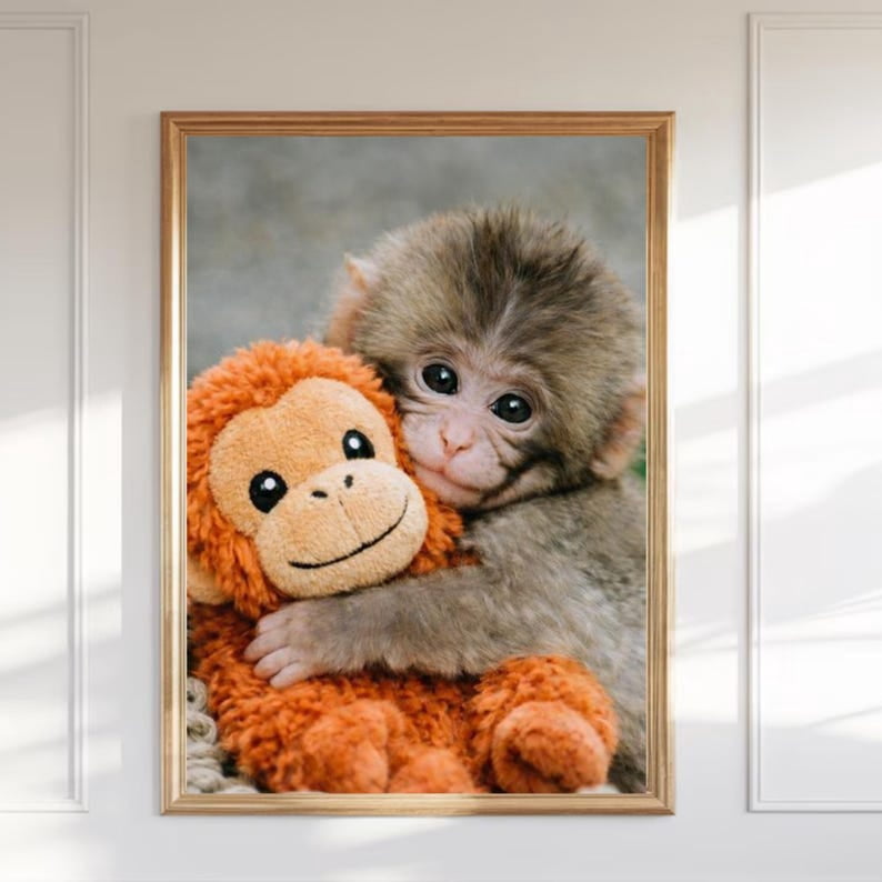 Cute Baby Monkey Punch Wall Art Print Kawaii Nursery Animal Poster ...