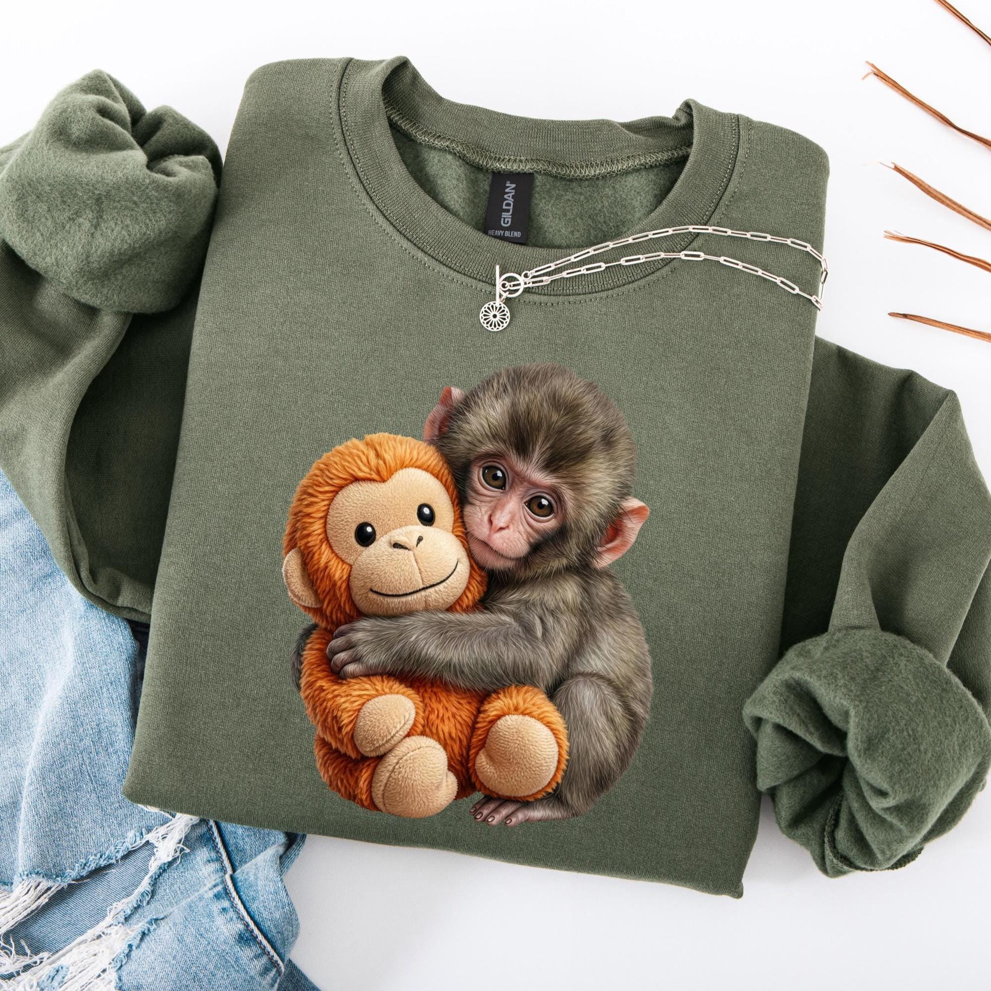 Cute Baby Monkey with Plush Toy Shirt Emotional Gift for Animal Lovers ...