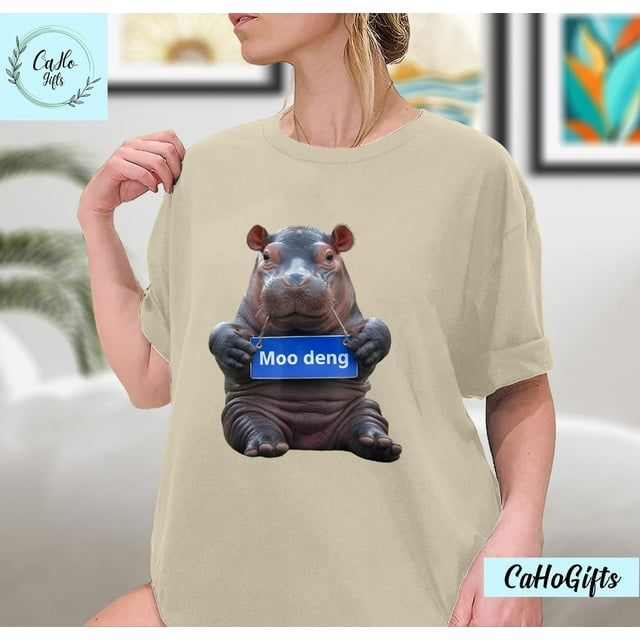 Cute Baby Pygmy Hippo Moo Deng T-Shirt, Moo Deng Bouncy Pig In Thai ...