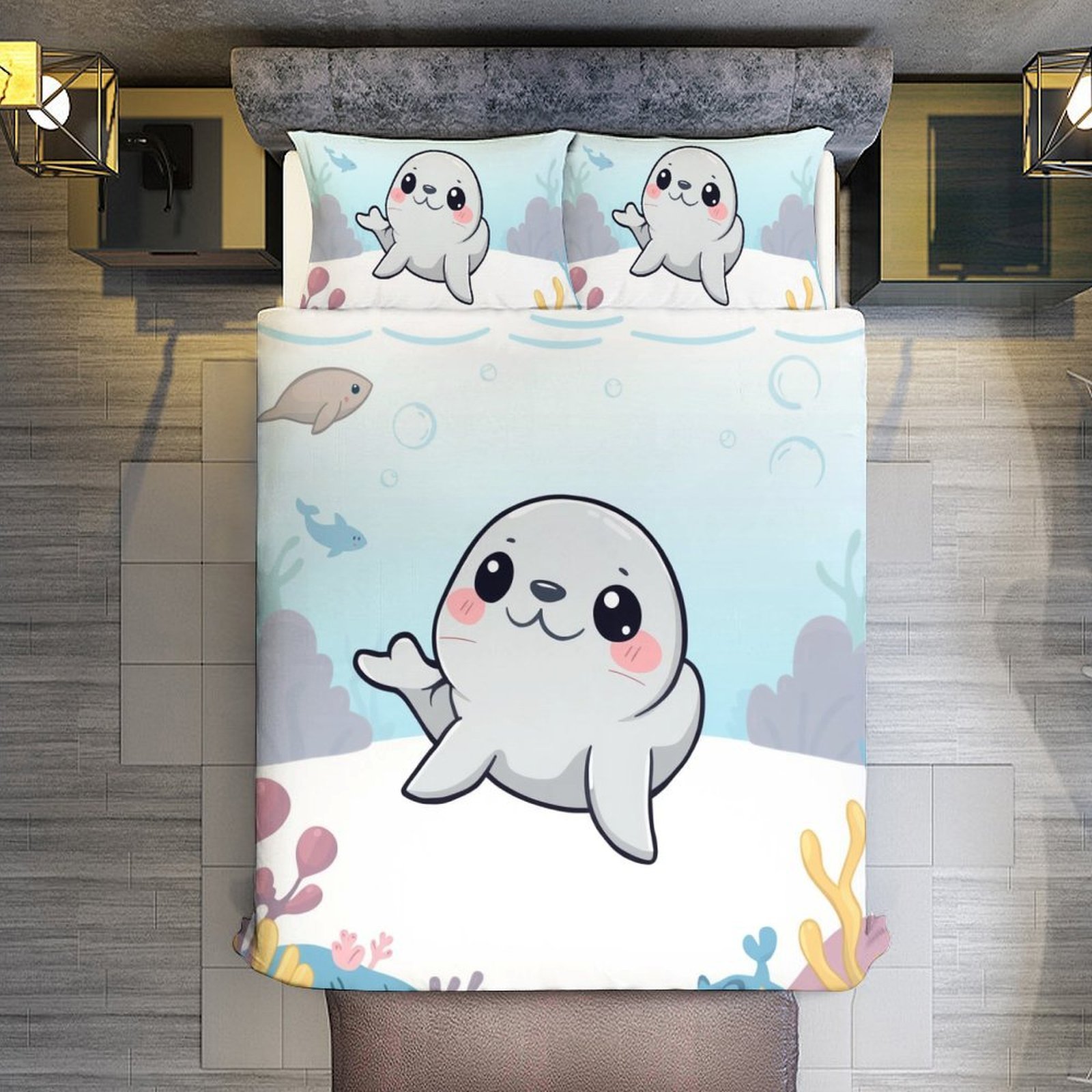 Cute Baby Seal Duvet Cover Bedding Set Quilt Cover Floral Polyester ...