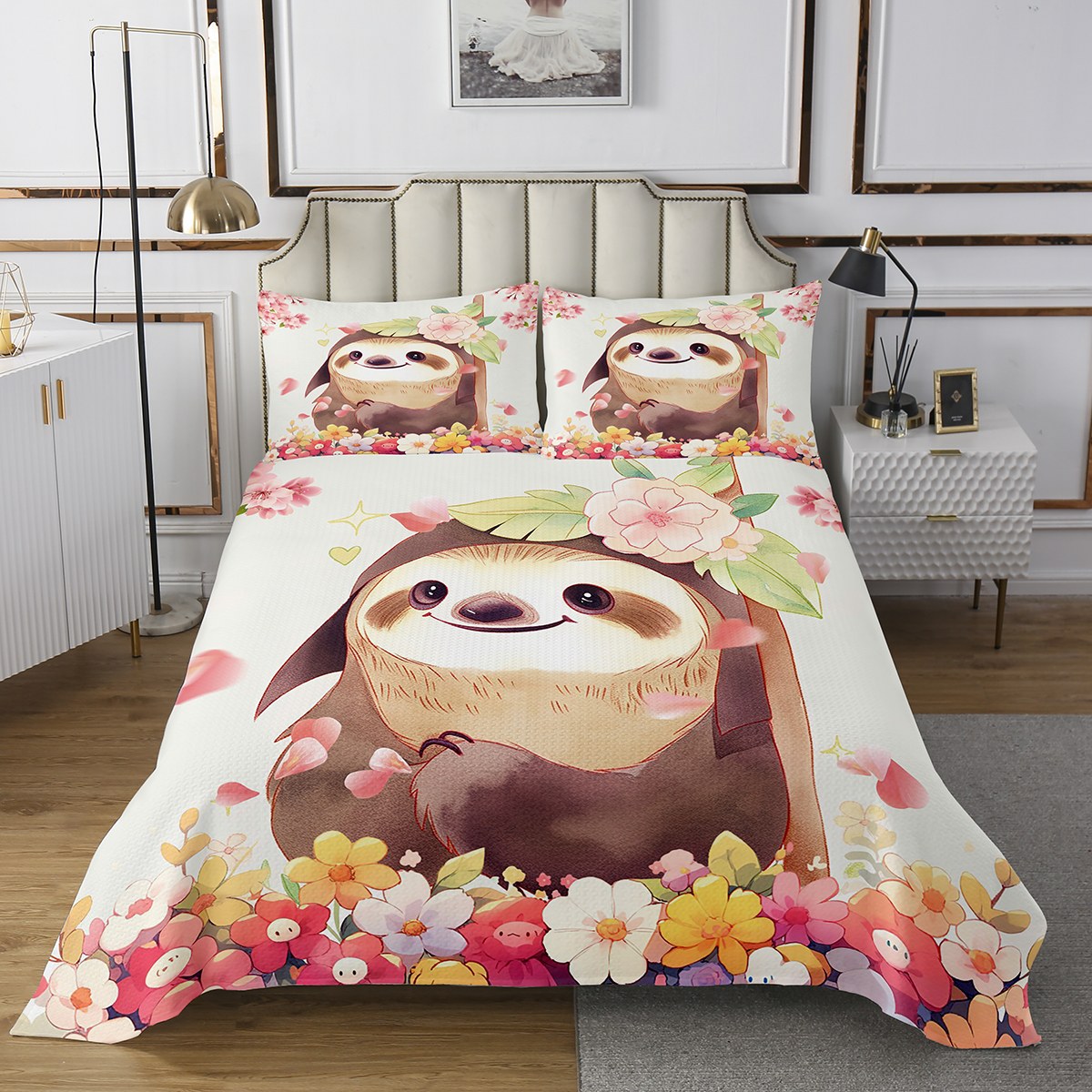 Cute Baby Sloth Coverlet Set Queen,Cartoon Sloth with Pink Floral Decor ...