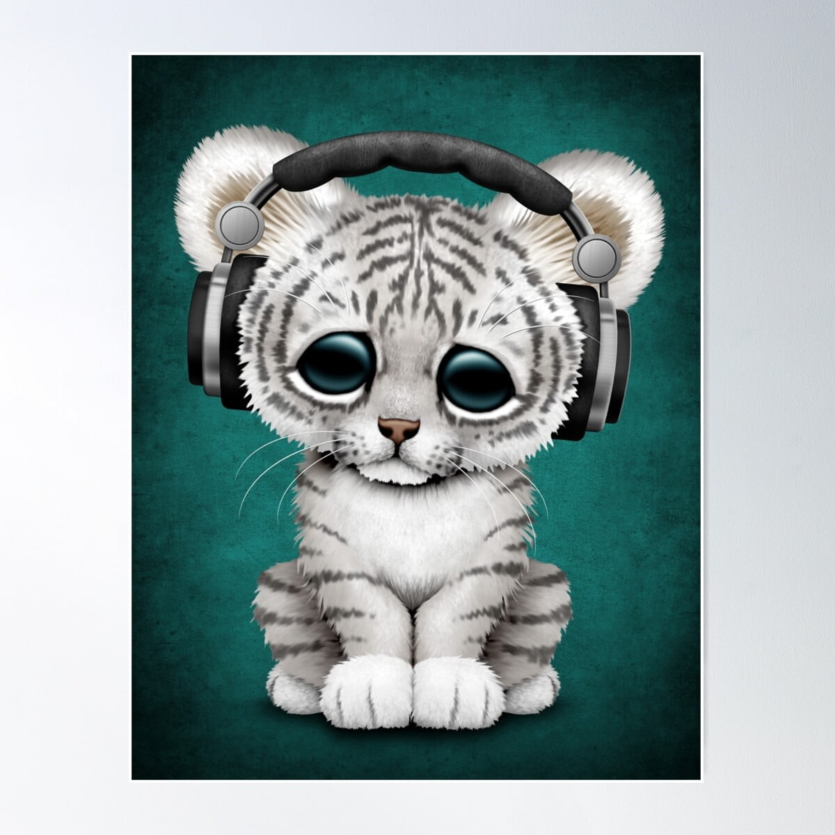 Cute Baby White Tiger Deejay Wearing Headphones Poster Wall Art, Modern ...