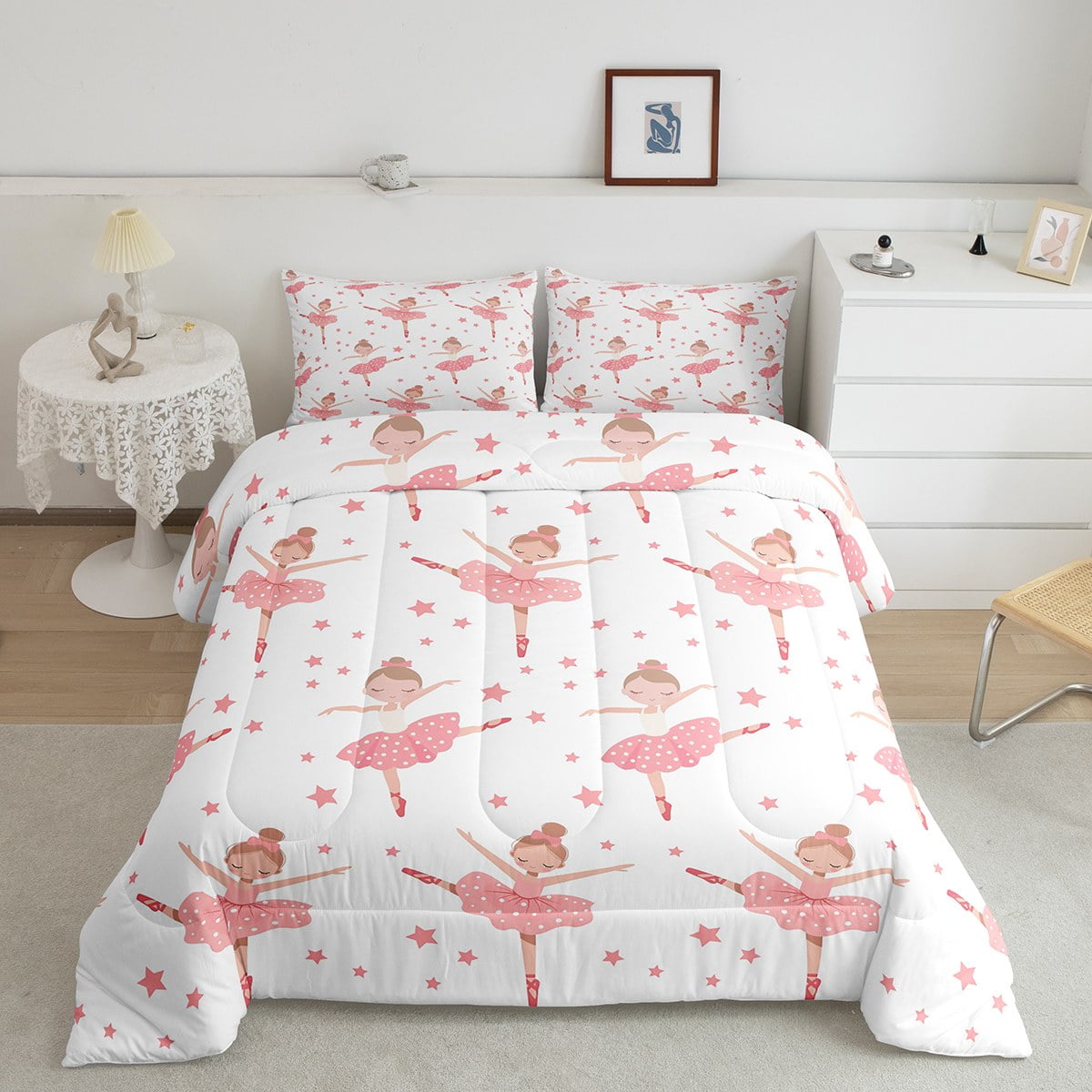Cute Ballet Dancer Comforter Set King Size,Geometric Star Dot Patchwork ...