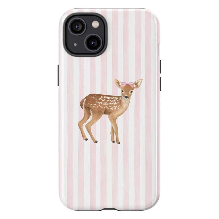 Cute Bambi Deer iPhone Case, Pink Striped Pastel Aesthetic Animal Phone ...
