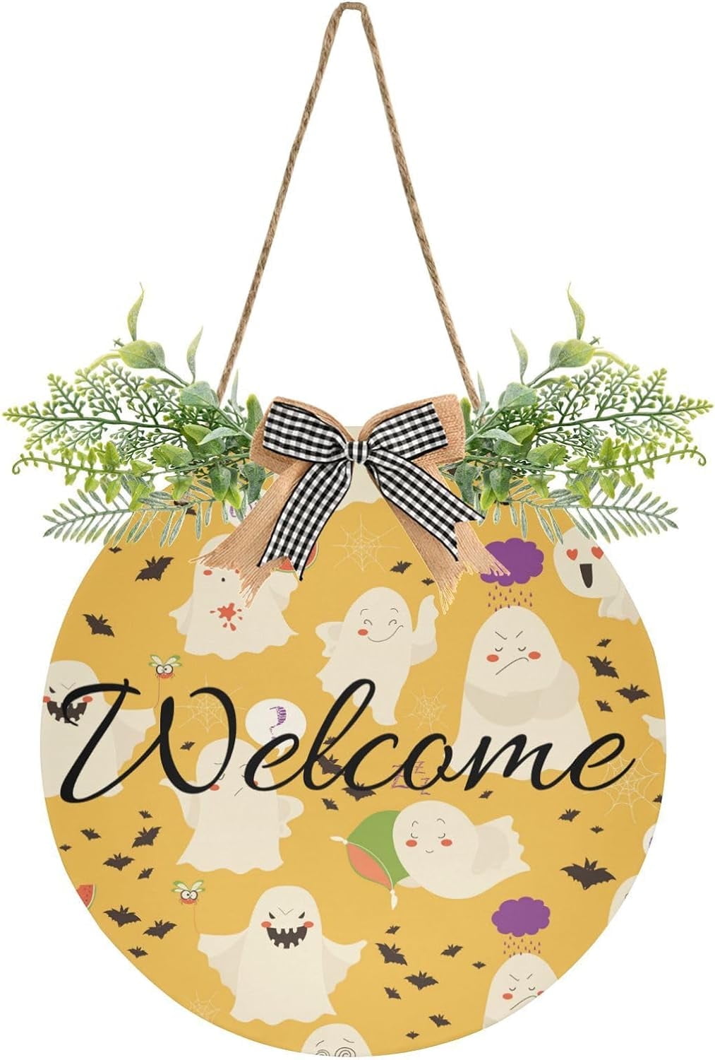 Cute Bat Halloween Welcome Sign Front Door Round Wall Door Sign with ...