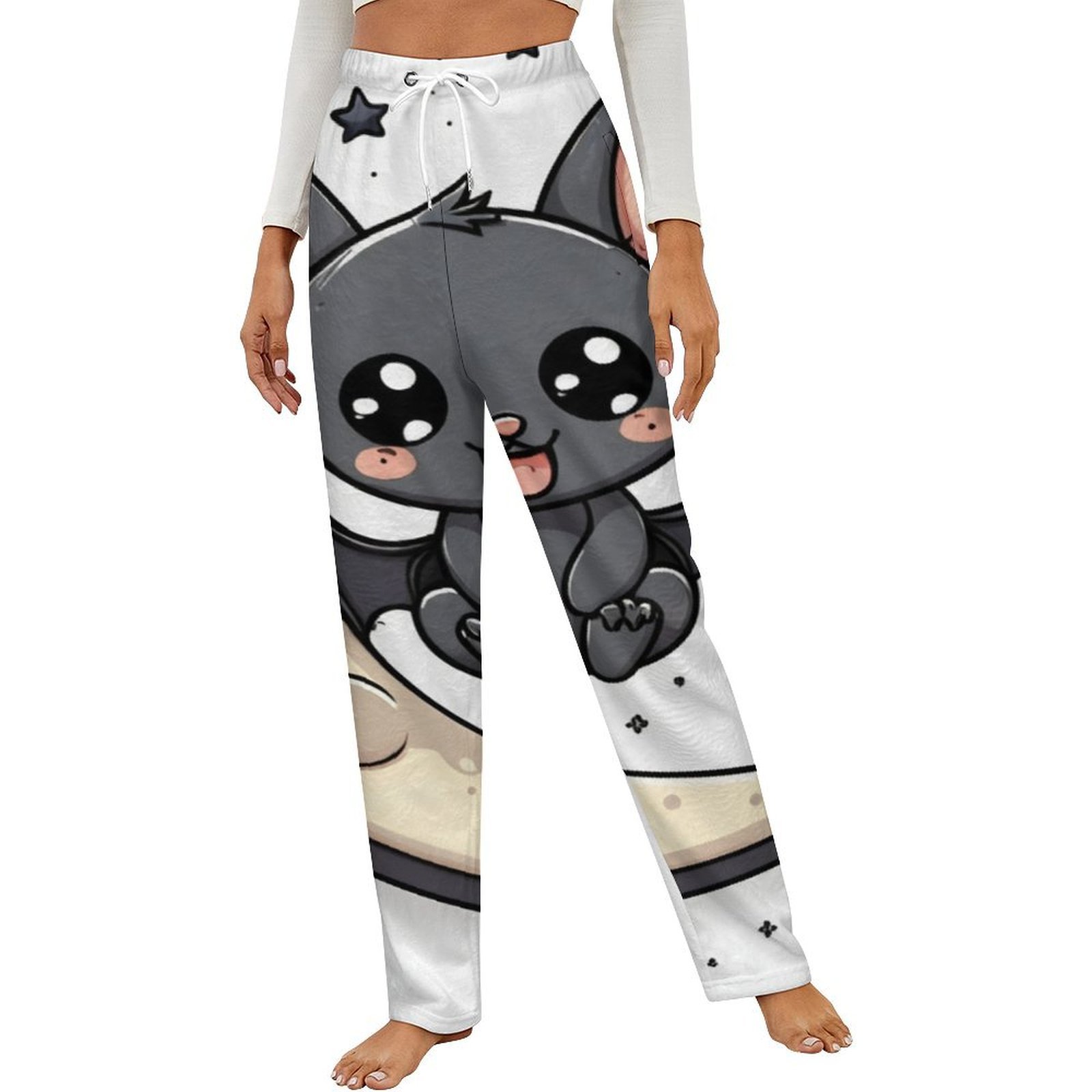 Cute Bat Moon Night Sky Winter Female Pants Flannel High Waist Women ...