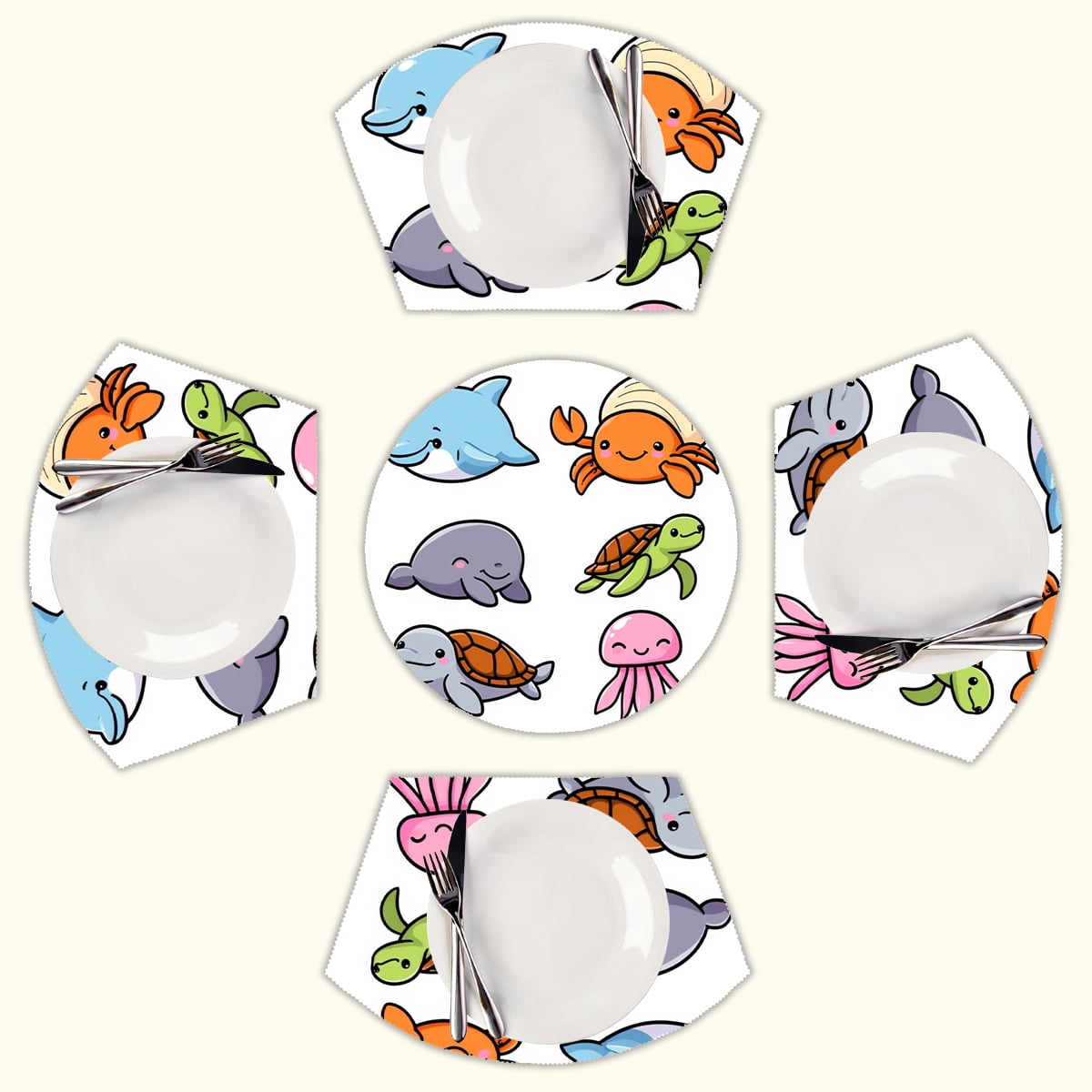 Cute Beach Animals Round Table Placemats Set Of 5 Wedge Table Mats ...