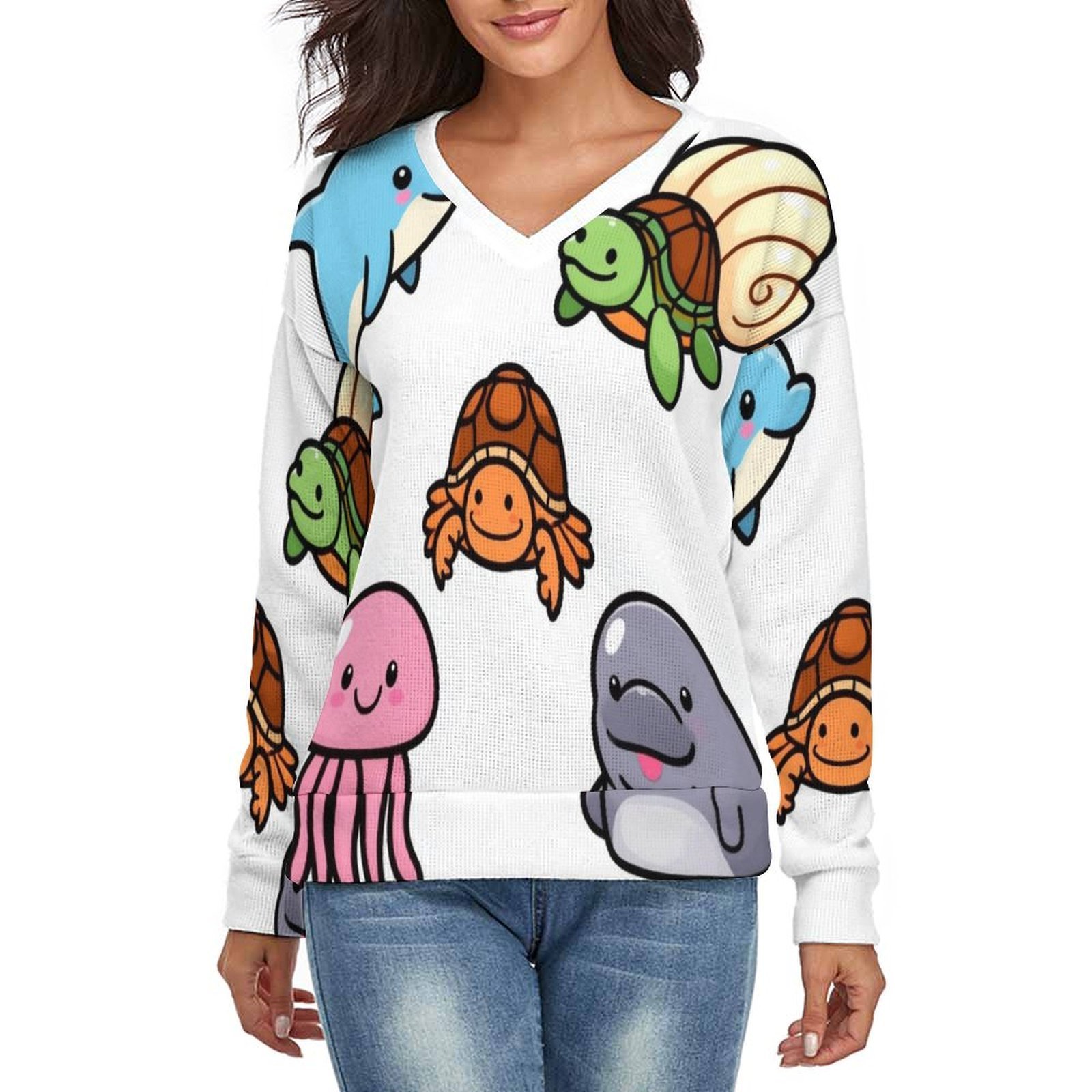Cute Beach Animals V-neck Sweater Winter Clothes Long Sleeve Knitwear ...
