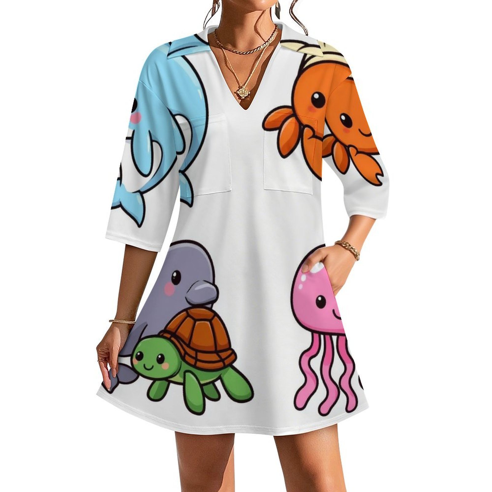Cute Beach Animals Womens Dress With Pockets Summer V Neck 3/4 Sleeve ...
