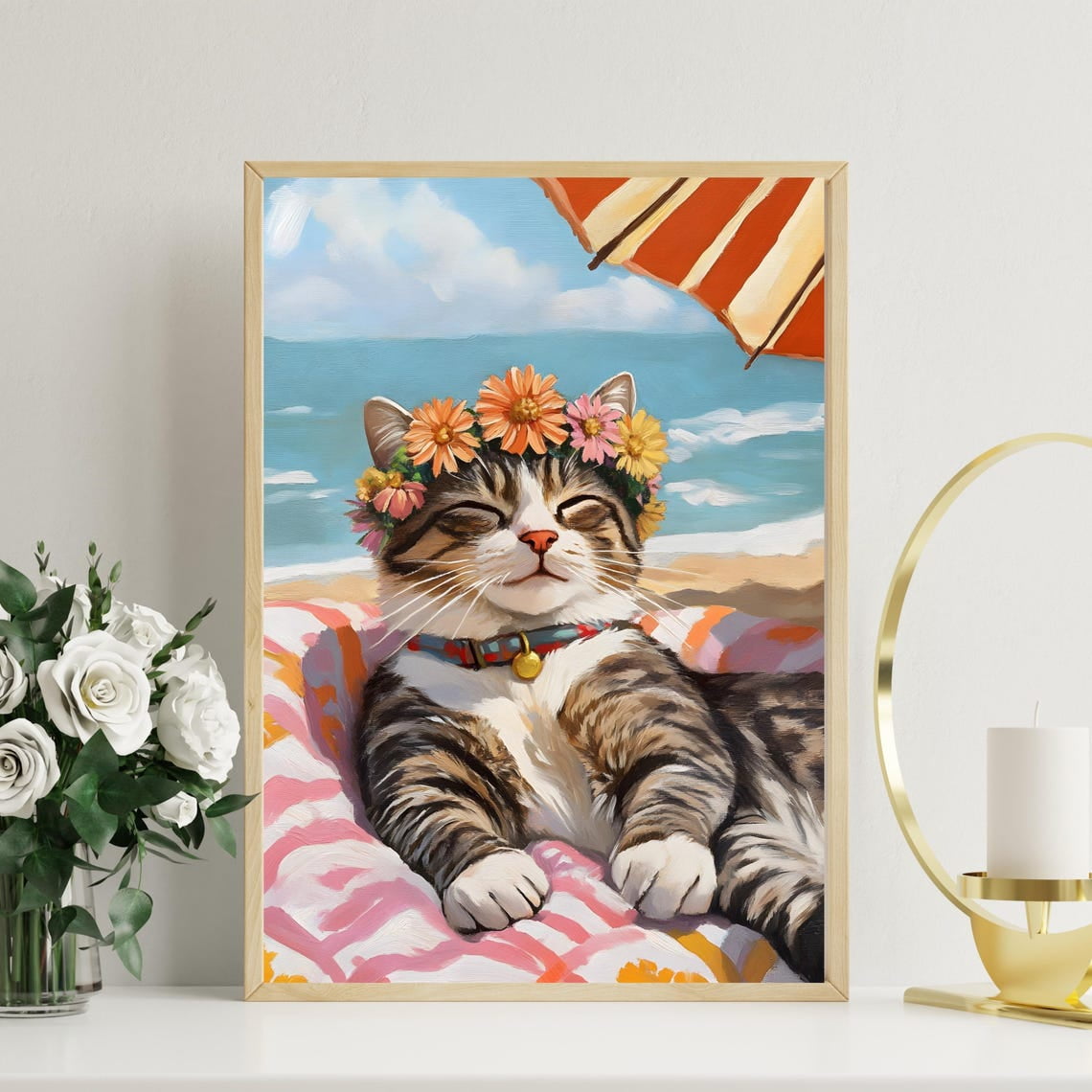 Cute Beach Cat With Flower Crown Poster, Adorable Catsummer Beach Cat Relaxing Feline Art ...