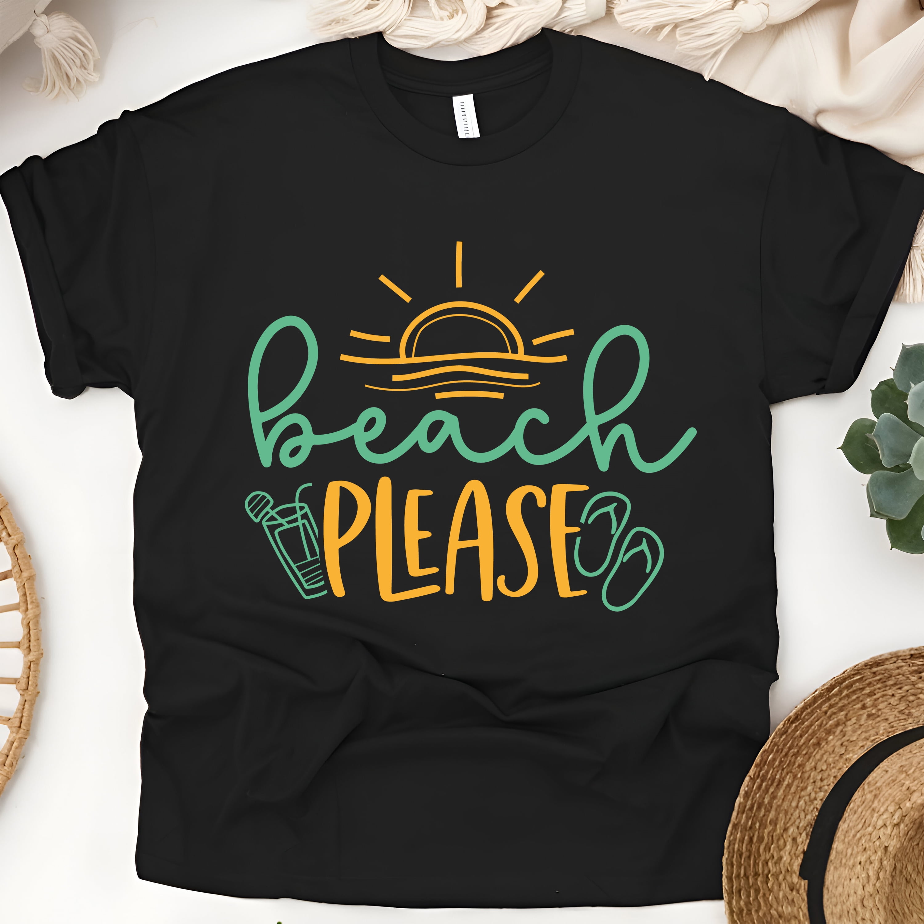 Cute Beach Please T-Shirt – Vacation Graphic Tee with Sunset and Flip ...