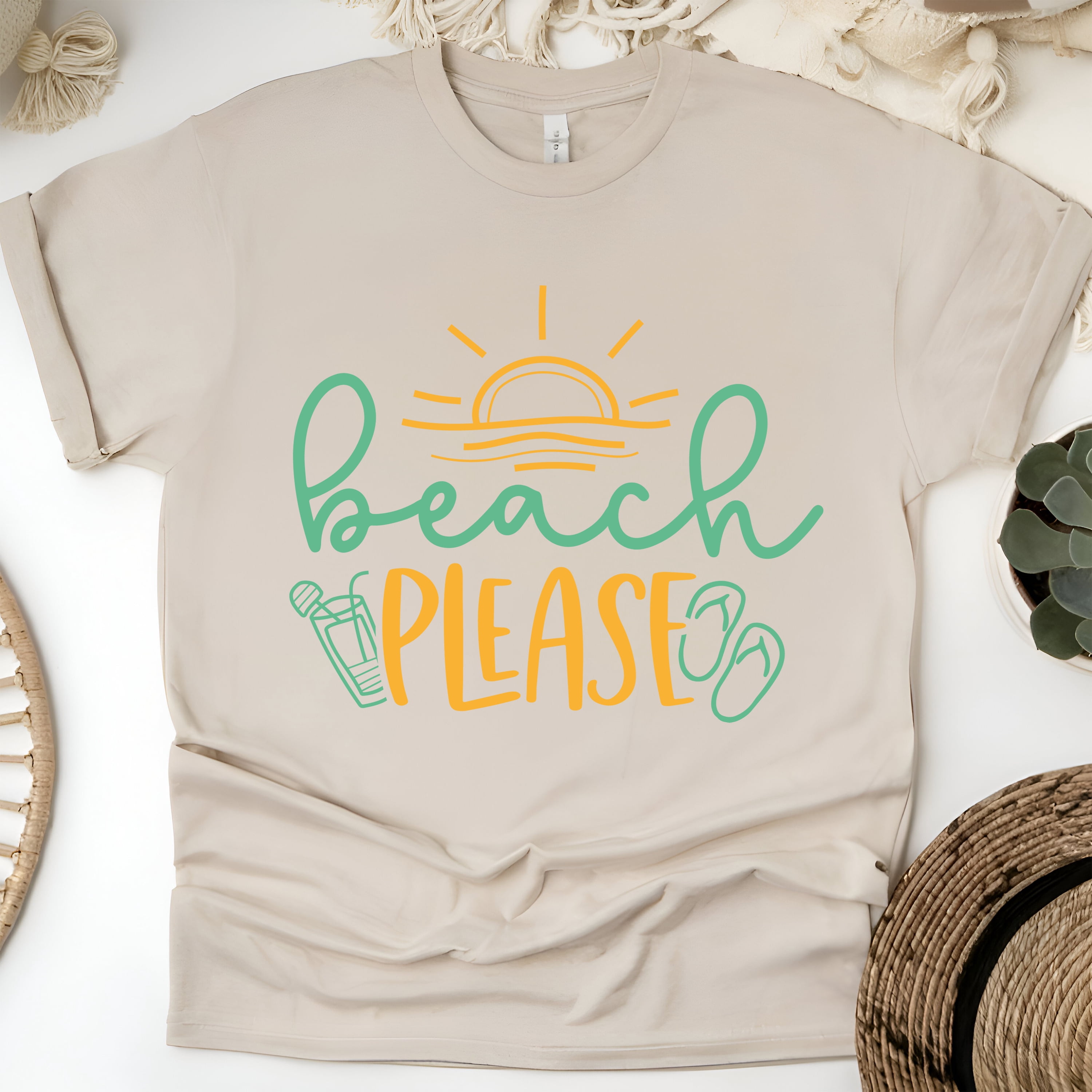 Cute Beach Please T-Shirt – Vacation Graphic Tee with Sunset and Flip ...