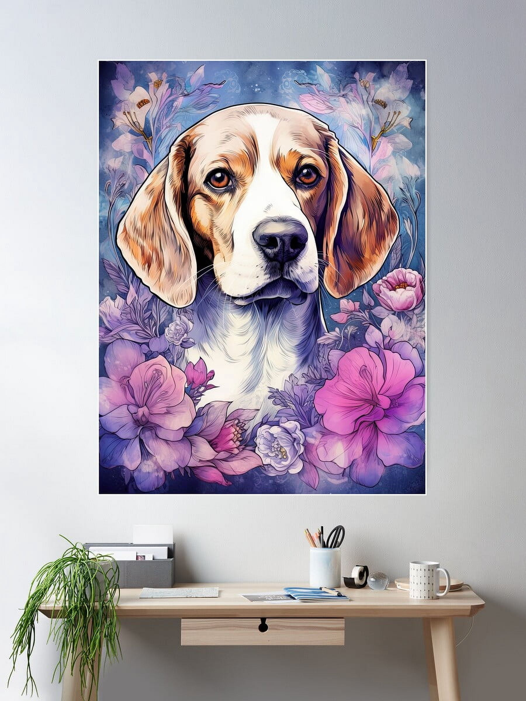 Cute Beagle Dog In Flowers Blue Purple Watercolor Style Art Poster Wall ...