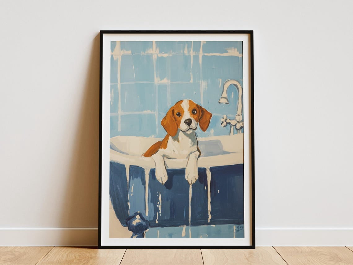 Cute Beagle Dog in a Bathtub Blue Bathroom Modern Pet Animal Dog Bath ...