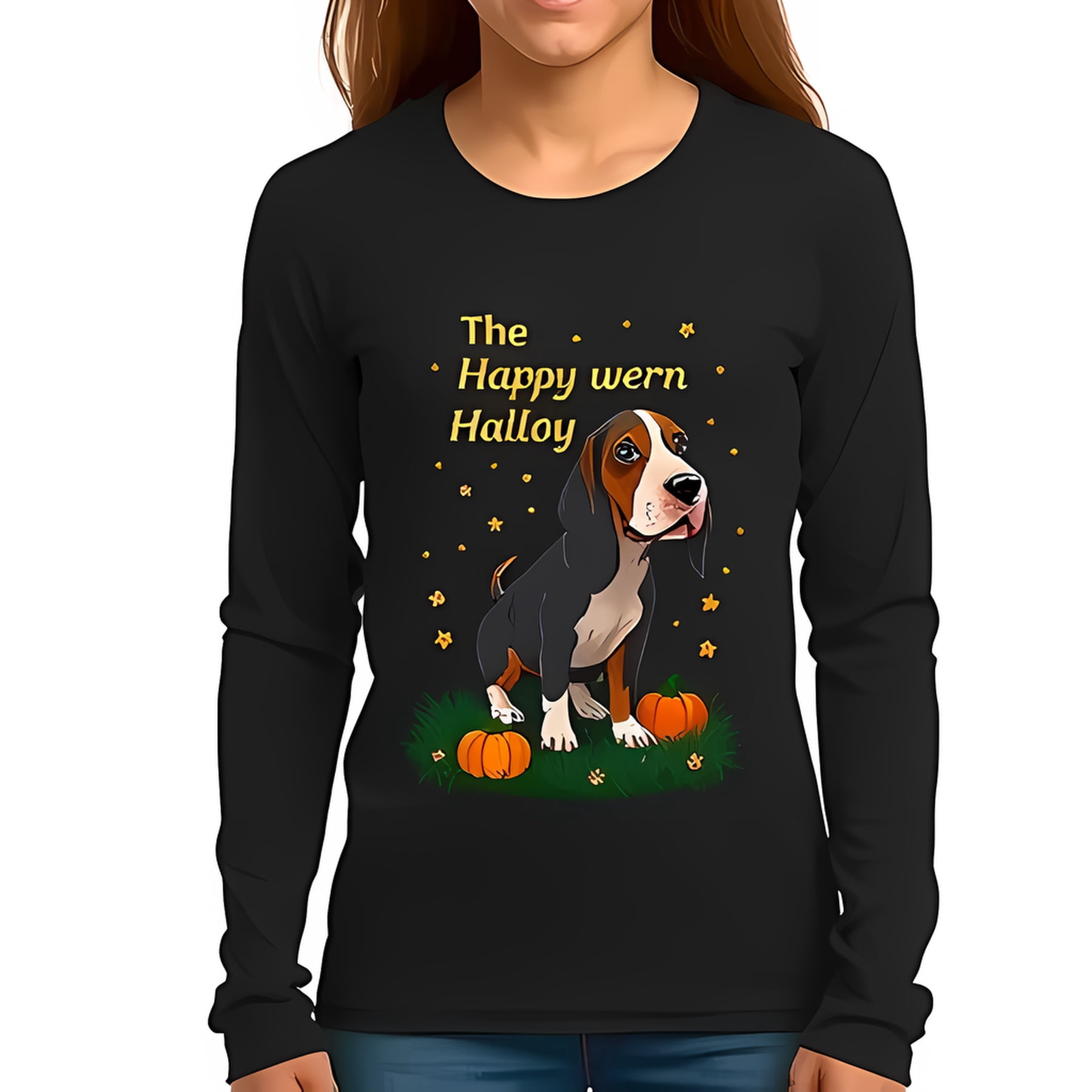 Cute Beagle Long Sleeve T-Shirt with Pumpkins & Flowers - "The Happy ...