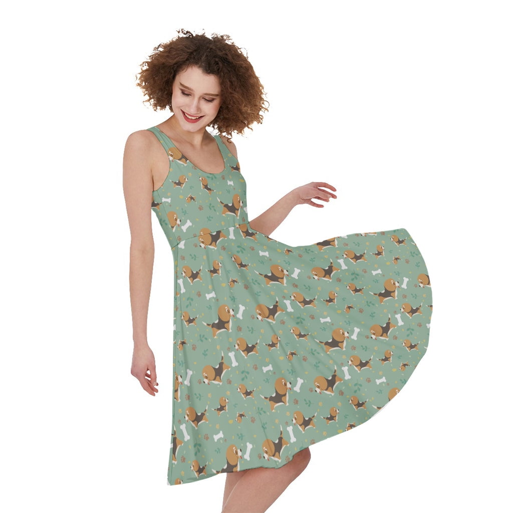 Cute Beagle Puppy Pattern Print Sleeveless Knee Length Dress, Dog Pet ...