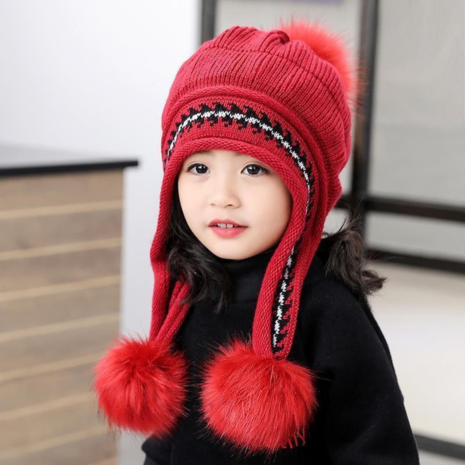 Cute Beanies Hats for Girls Boys with Ear-Flap Straps Pom-Pom Slouch ...