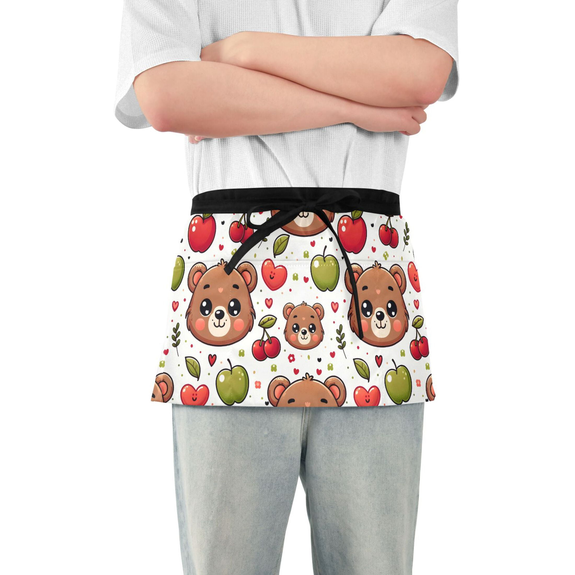 Cute Bear Face with Cherry Server Apron with 3 Pockets Waterproof ...