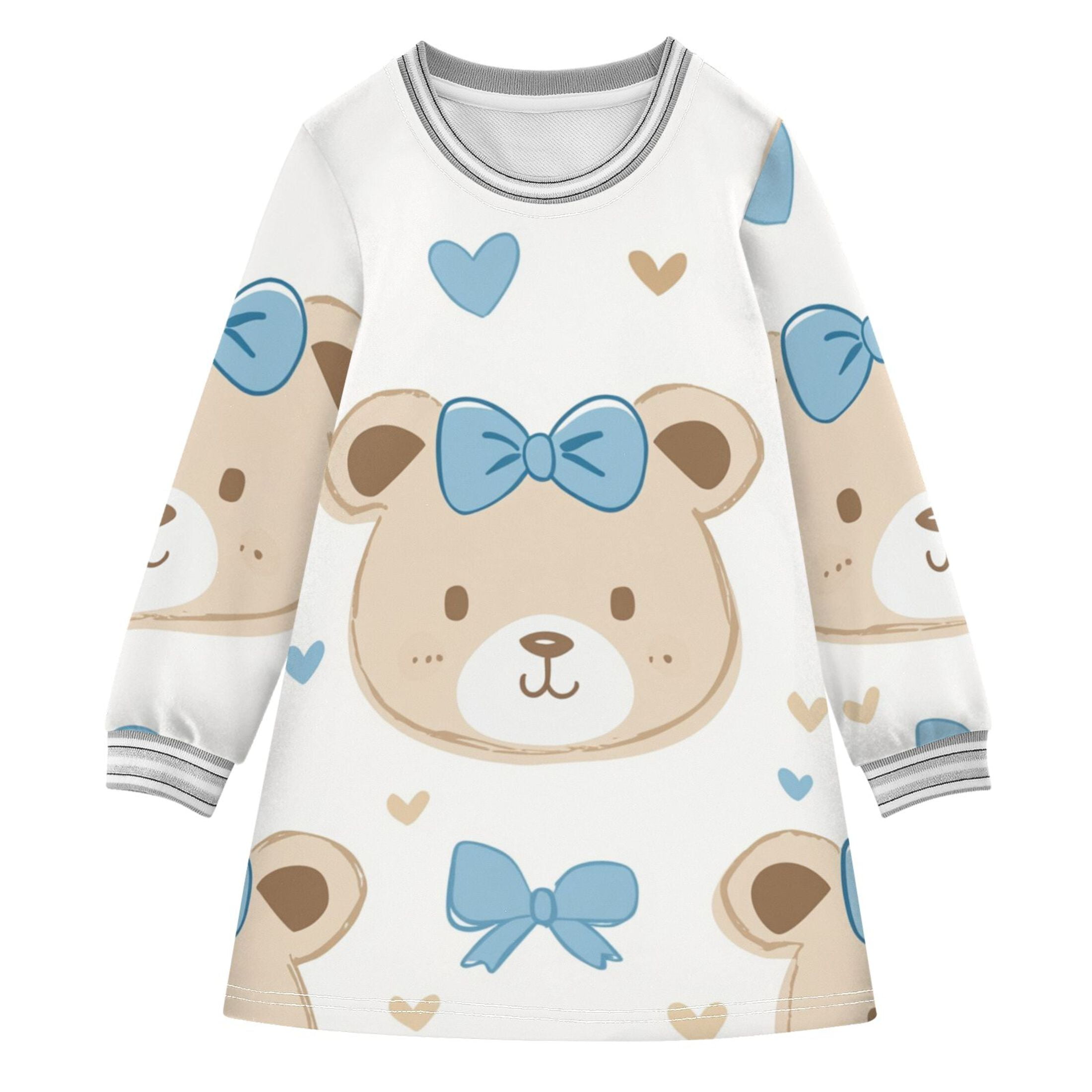 Cute Bear Faces Blue Bowknots Hearts Long-sleeved Dress A-line Dress ...
