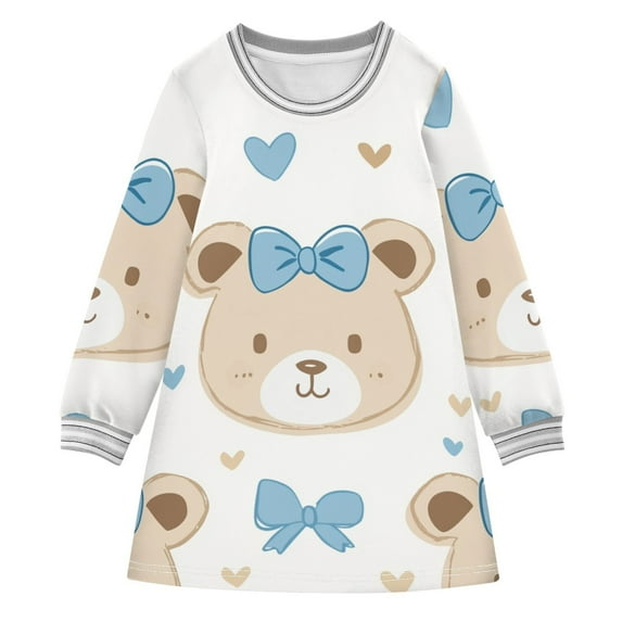 Cute Bear Faces Blue Bowknots Hearts Long-sleeved Dress A-line Dress ...