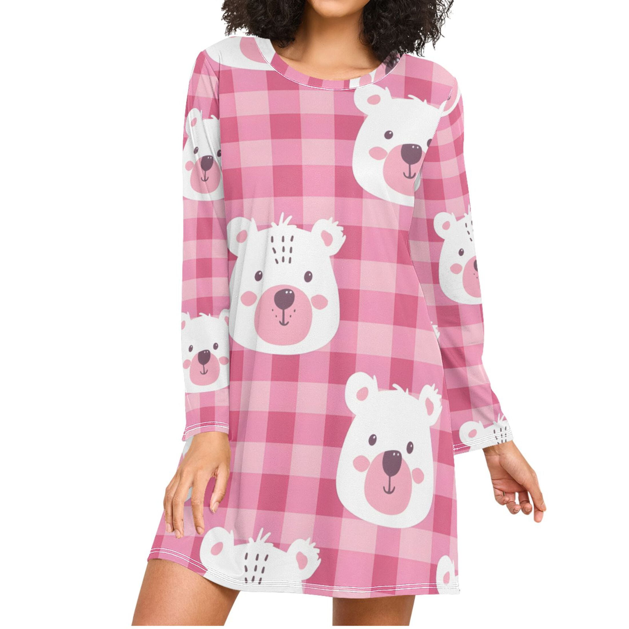 Cute Bear Faces Cartoon Women's Long Sleeves Nightgowns Sleepwear Soft ...