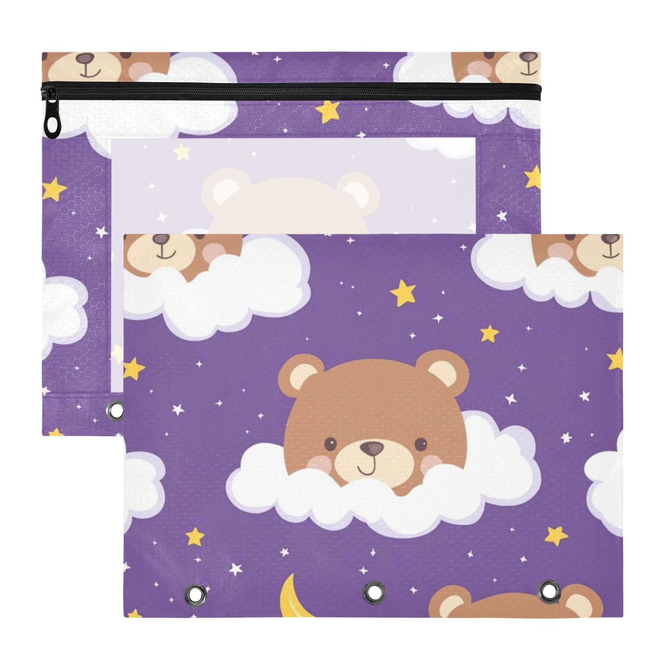 Cute Bear Faces Clouds Moons Stars 3-Ring Binder Pouches A4 Size Zipper ...