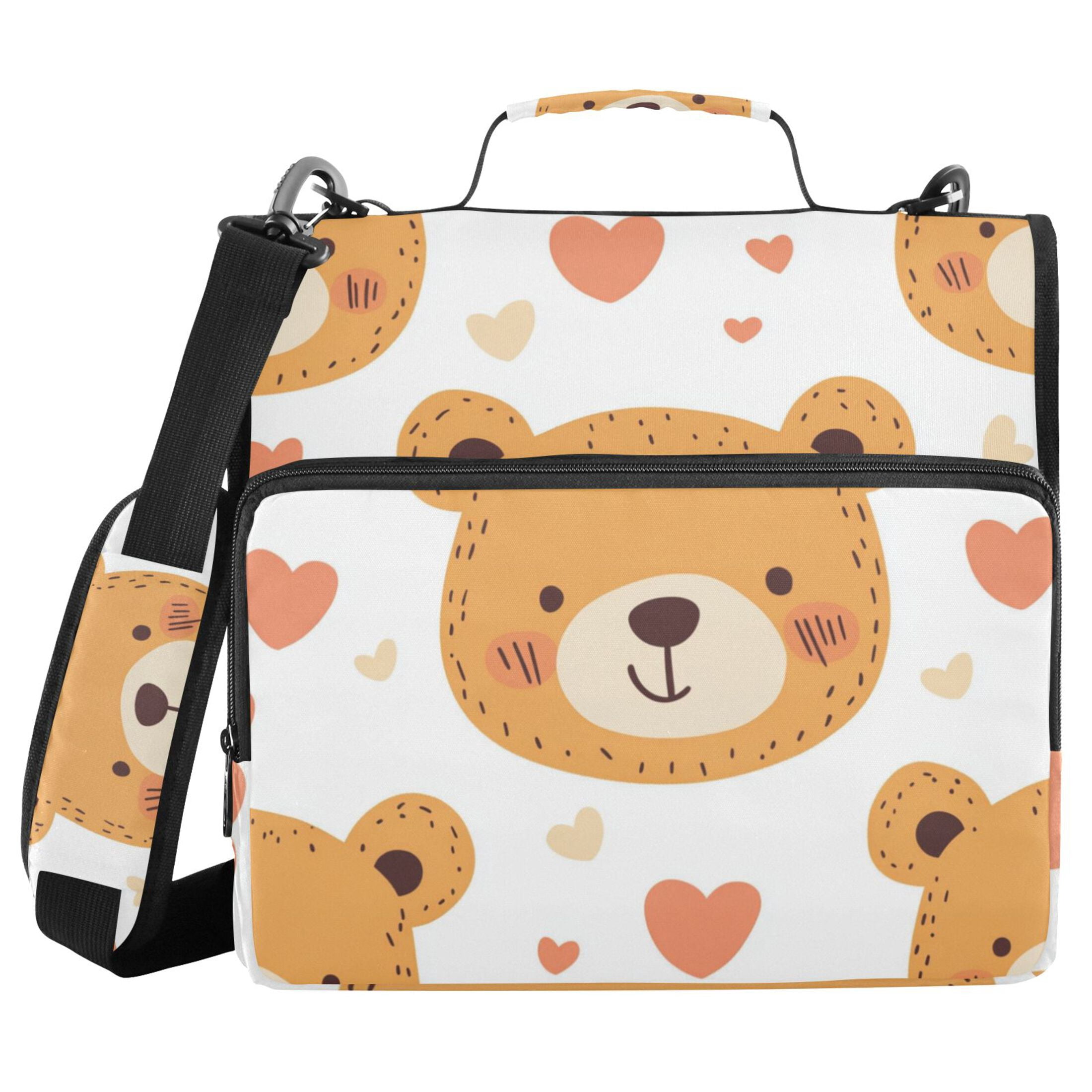 Cute Bear Faces Hearts Hand Drawn Binder Bag with Shoulder Strap 3 Ring ...