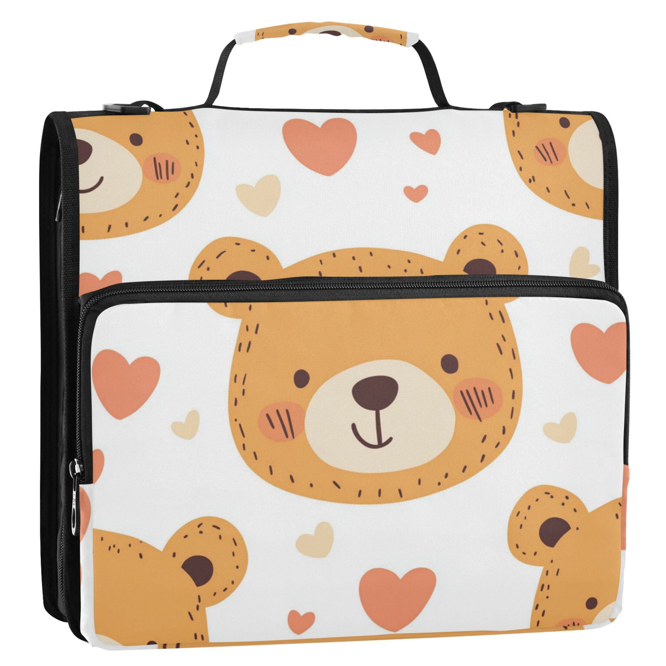 Cute Bear Faces Hearts Hand Drawn Binder Bag with Shoulder Strap 3 Ring ...