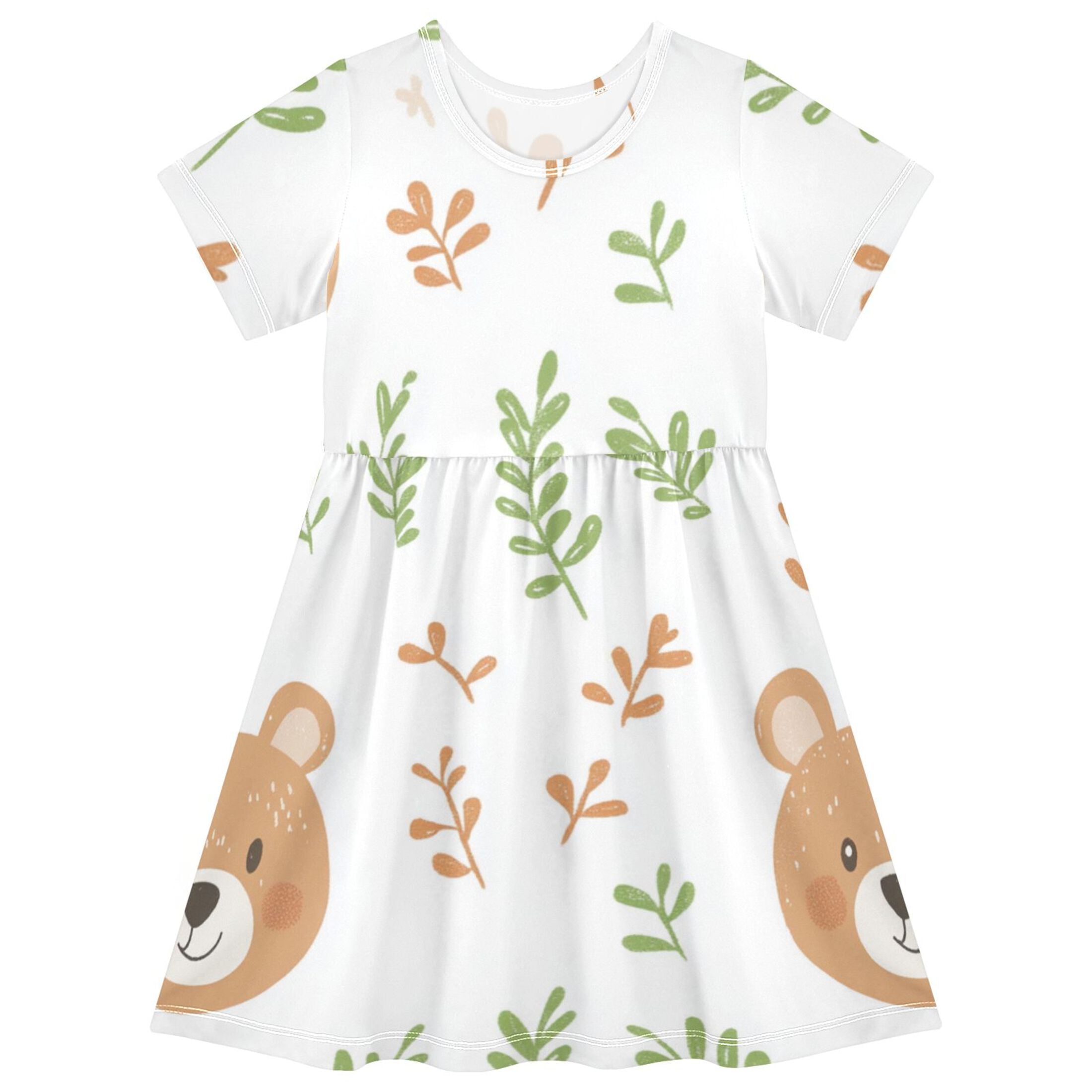 Cute Bear Faces Leaves Girls' Short Sleeve Dress A-Line One-Piece Dress ...