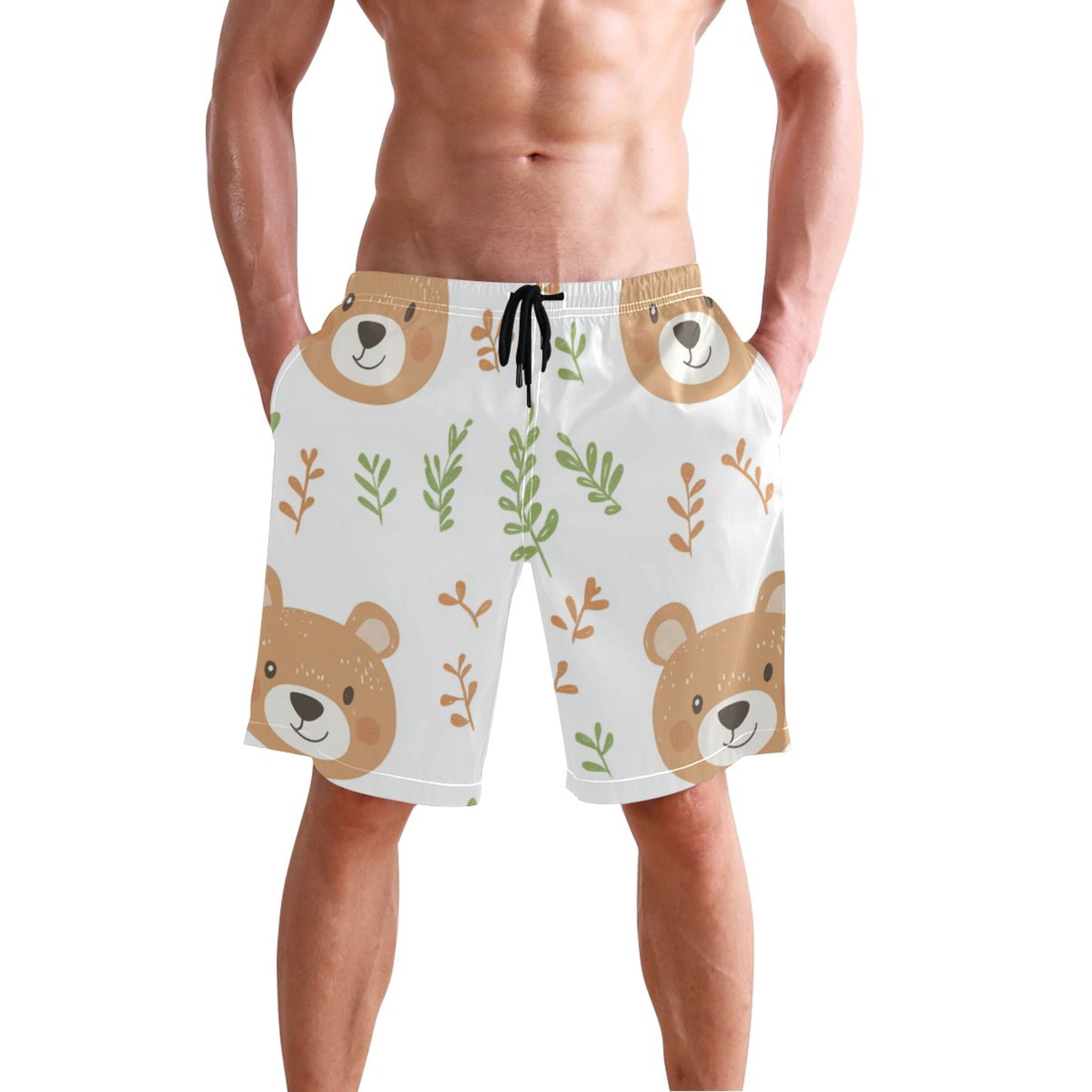 Cute Bear Faces Leaves Men's Swim Trunks Beach Shorts Bathing Bottoms ...