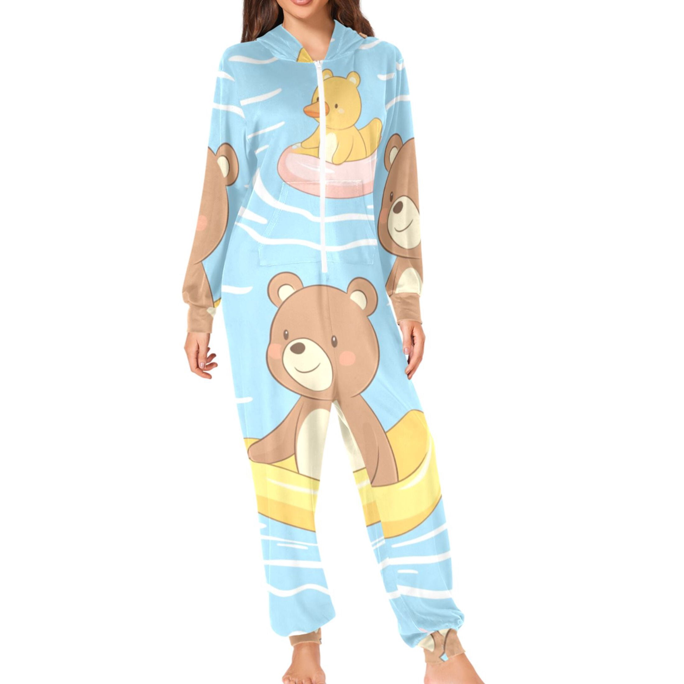 Cute Bear Floating on Rubber Duckies Adult's Hoodie Onesie Jumpsuit One ...