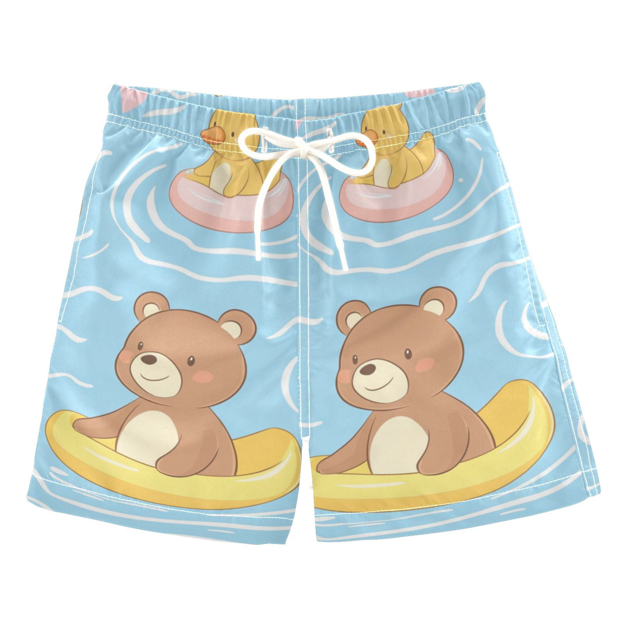 Cute Bear Floating on Rubber Duckies Boys' Swim Trunks Board Shorts ...