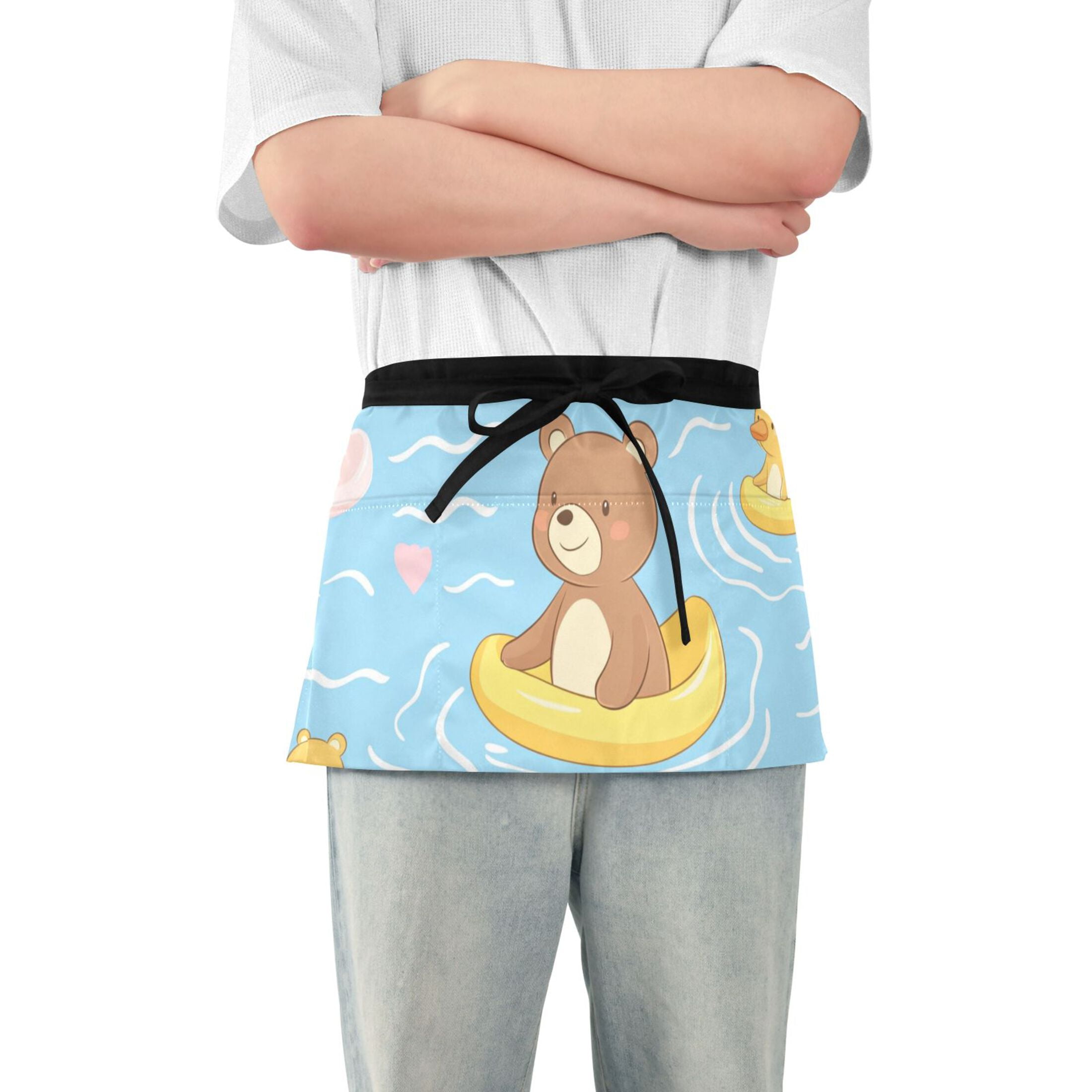 Cute Bear Floating on Rubber Duckies Short Server Apron with 3 Pockets ...