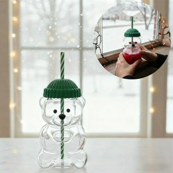 Cute Bear Glass Mug with Lid & Straw, Clear Animal - Shaped Glass Cup ...