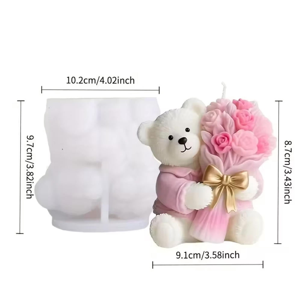 Cute Bear Holding Flower Silicone Mold DIY Candle Gypsum Mould High ...