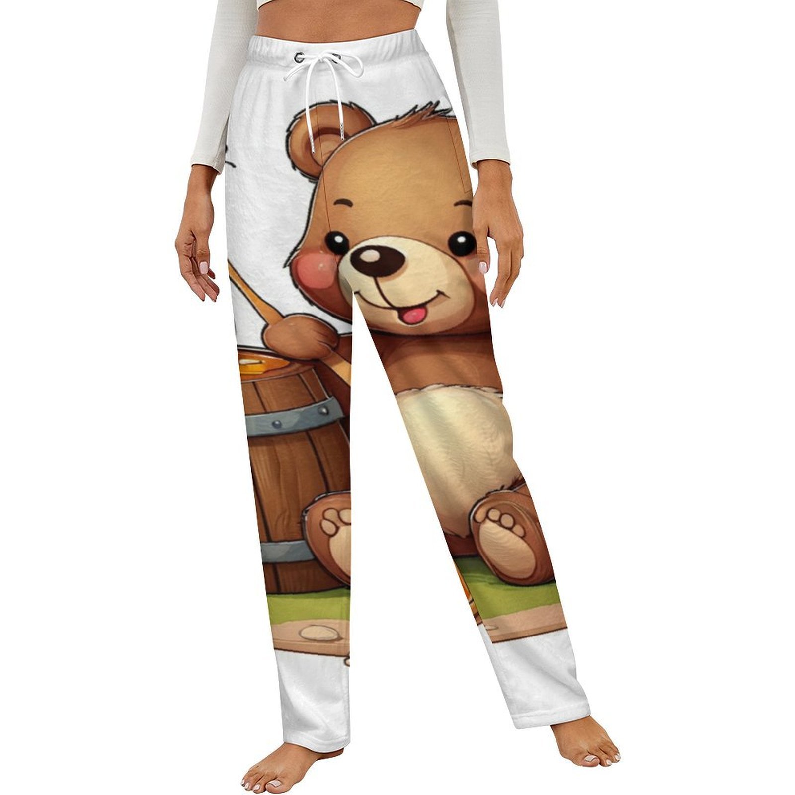 Cute Bear Honey Jar Winter Female Pants Flannel High Waist Women Pants ...