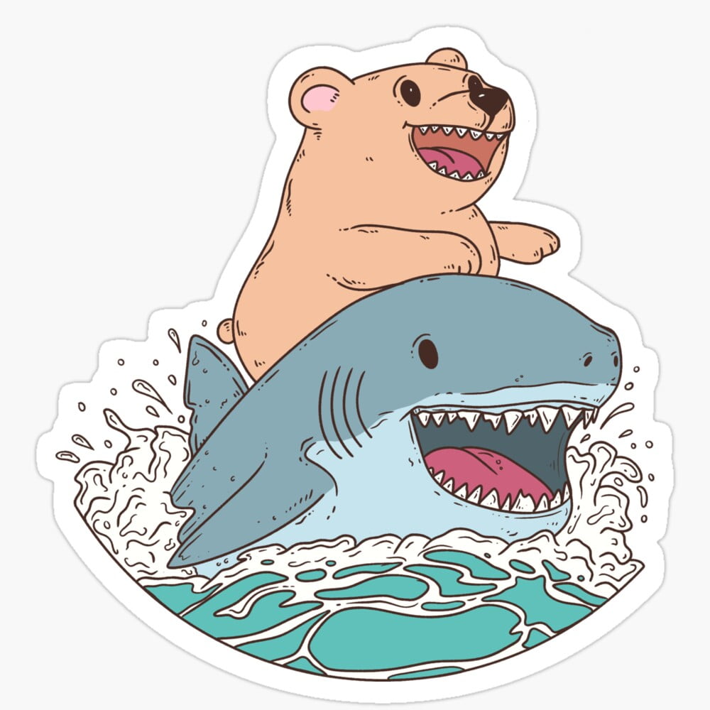 DOPASTICKER Cute Bear Riding Shark Great Wave - Phone Stickers ...