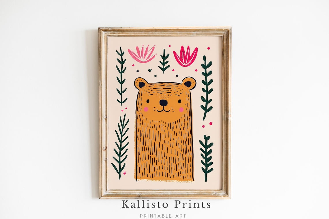 Cute Bear Wall Art, Nursery Print Poster, Whimsical Animal Decor, Kids ...