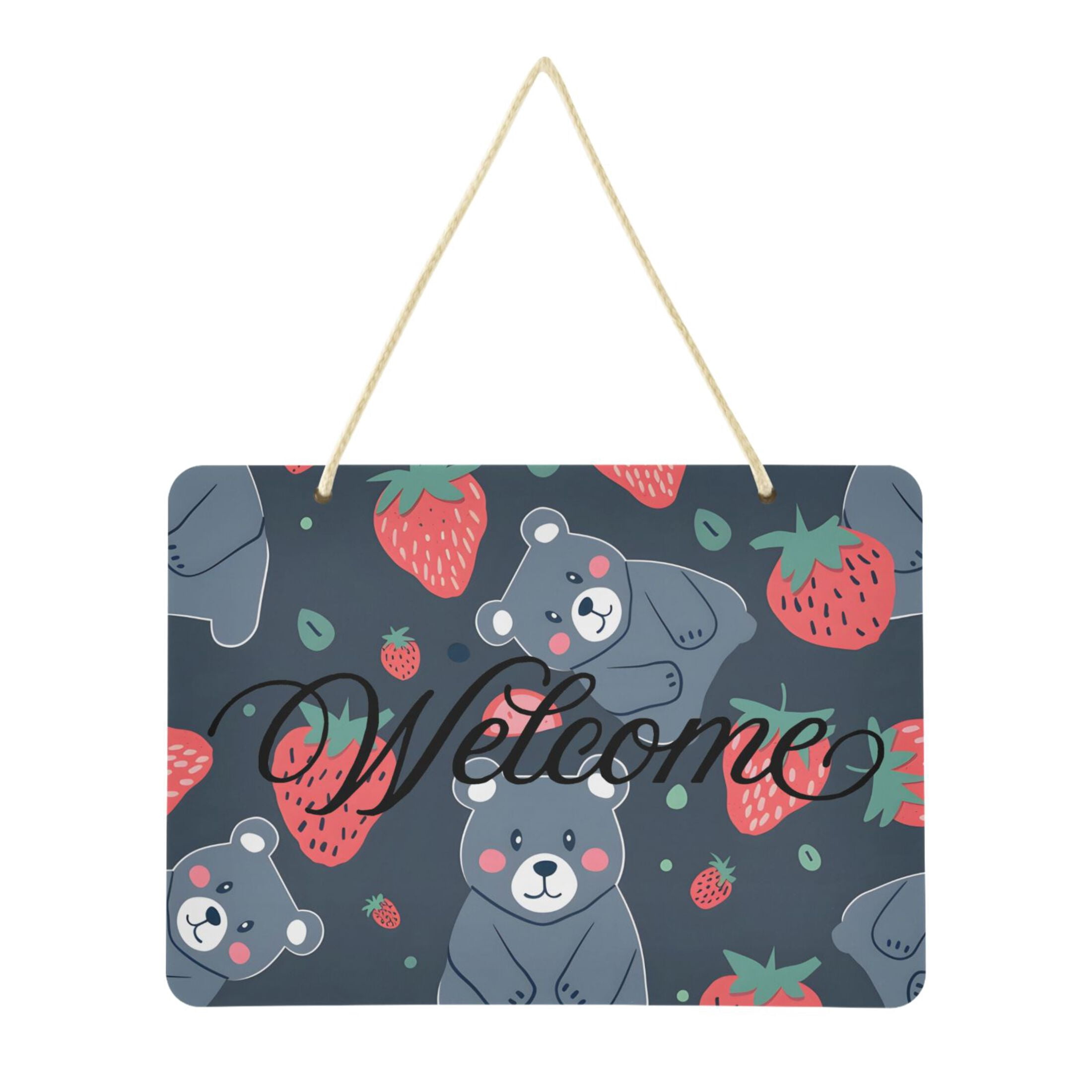Cute Bear and Strawberry Welcome Sign Front Door PVC 14x10 inch Hanger ...