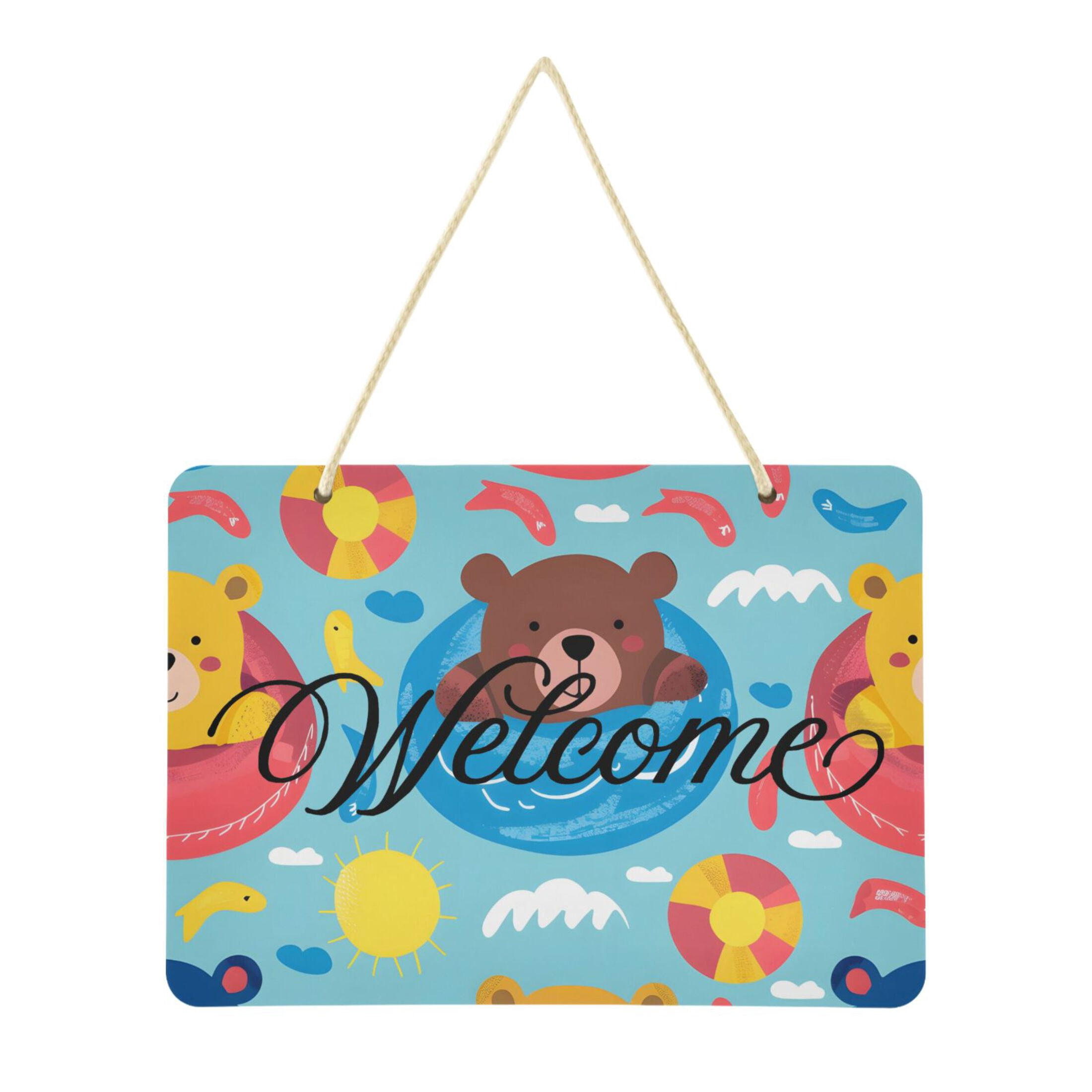 Cute Bear and Swimming Circle Welcome Sign Front Door PVC 14x10 inch ...