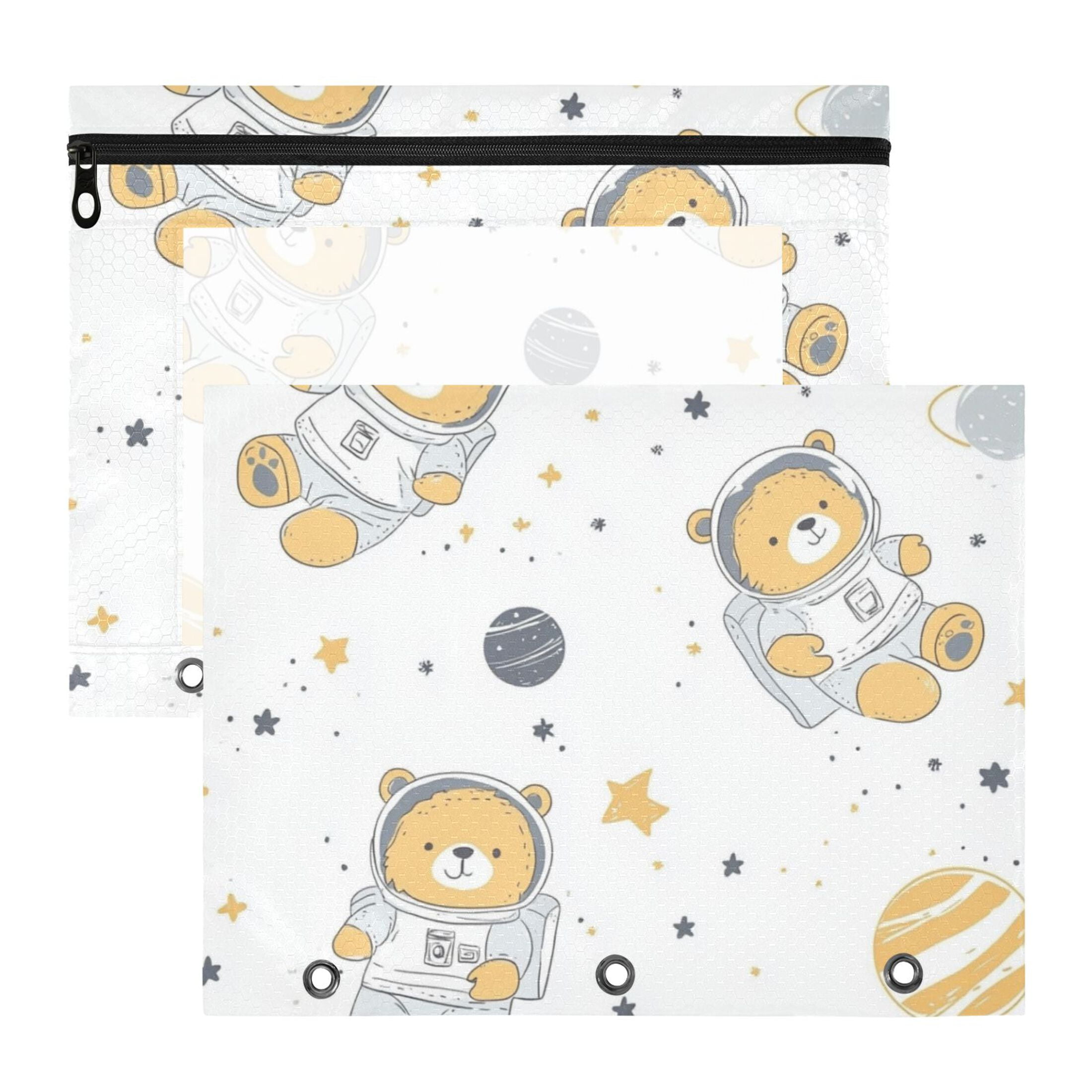 Cute Bears Astronaut Planets Stars 3-Ring Binder Pouches A4 Size Zipper ...