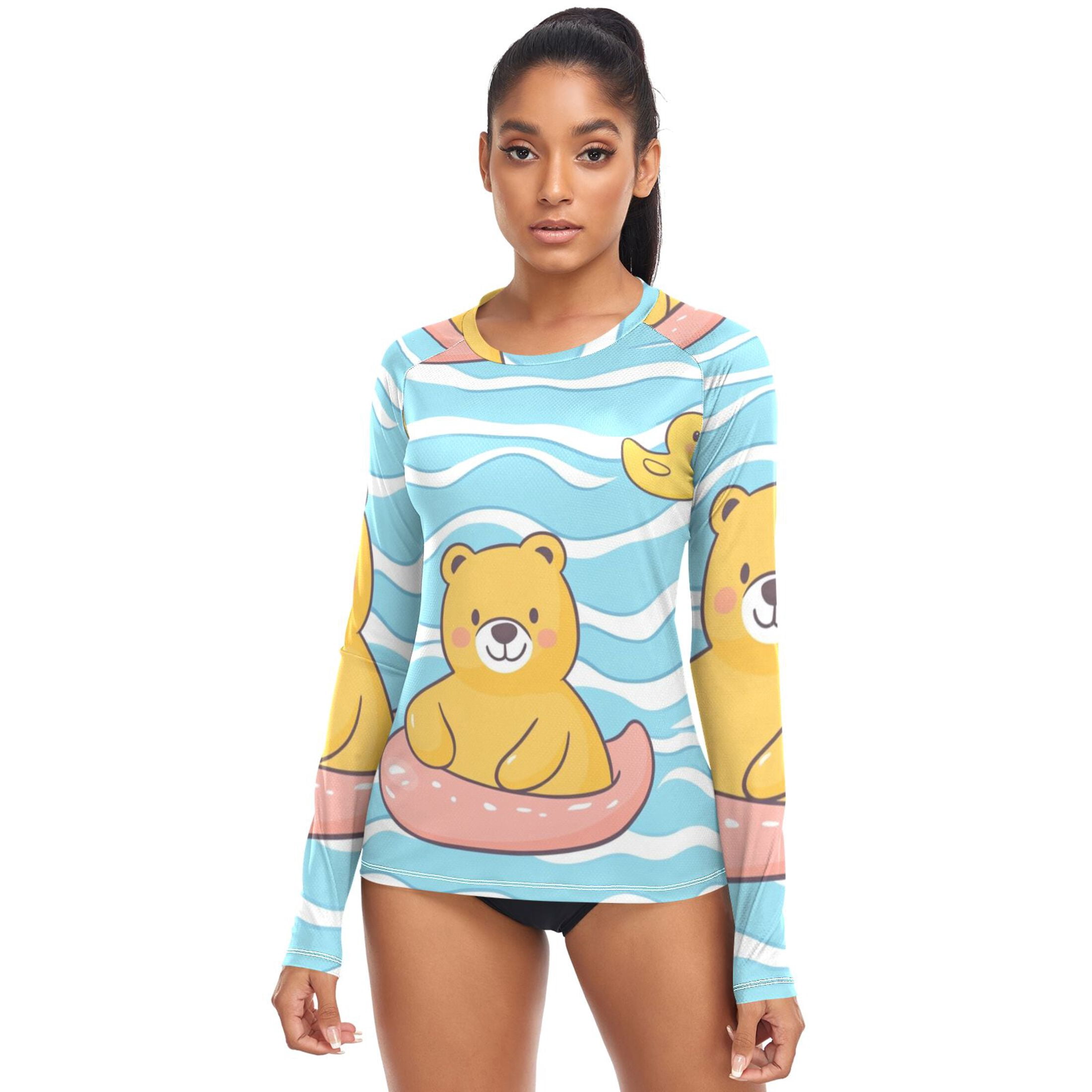 Cute Bears and Duckies Swimming Women's Rash Guard Shirts UPF 50+ Sun ...