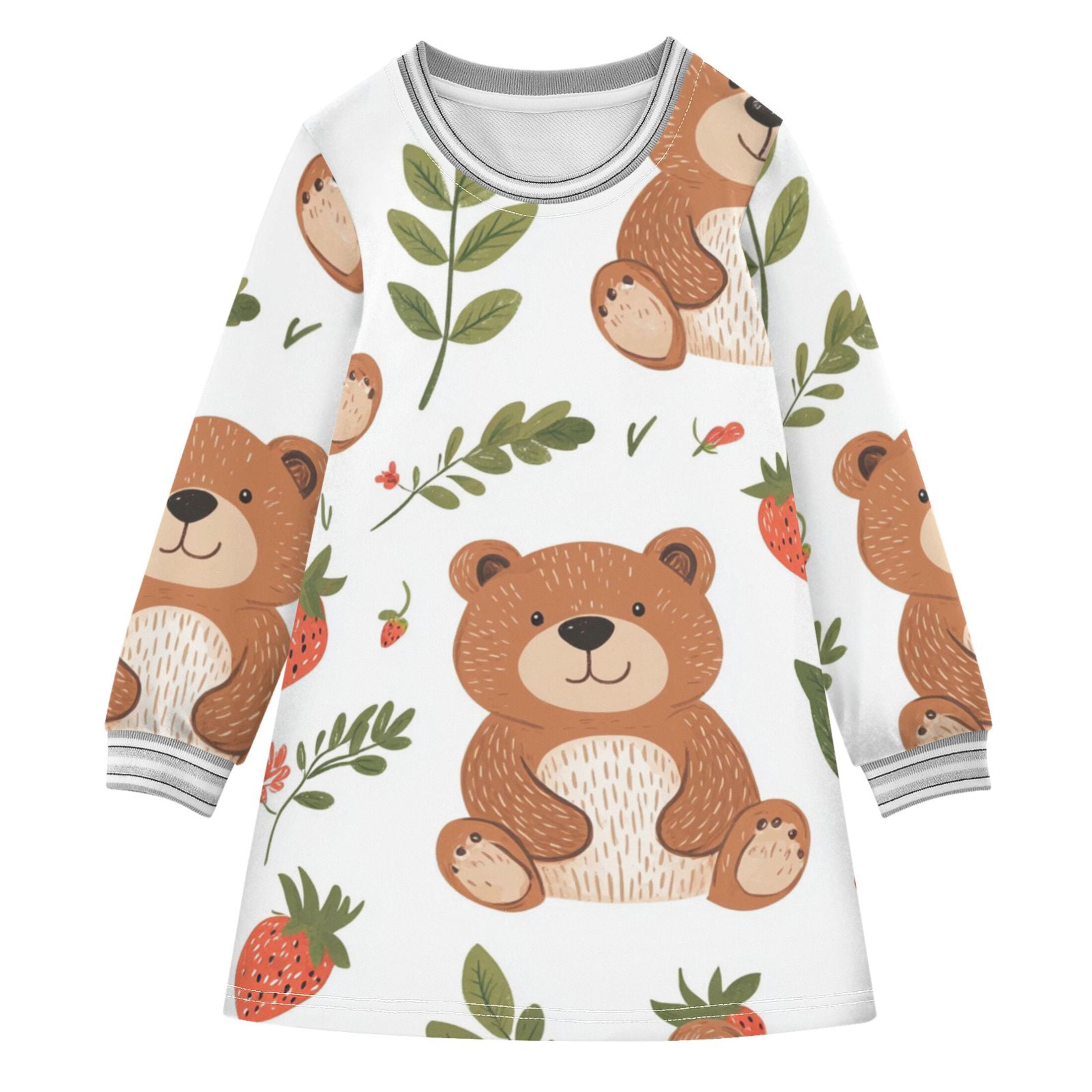 Cute Bears with Leaves Strawberries Long-sleeved Dress A-line One-Piece ...